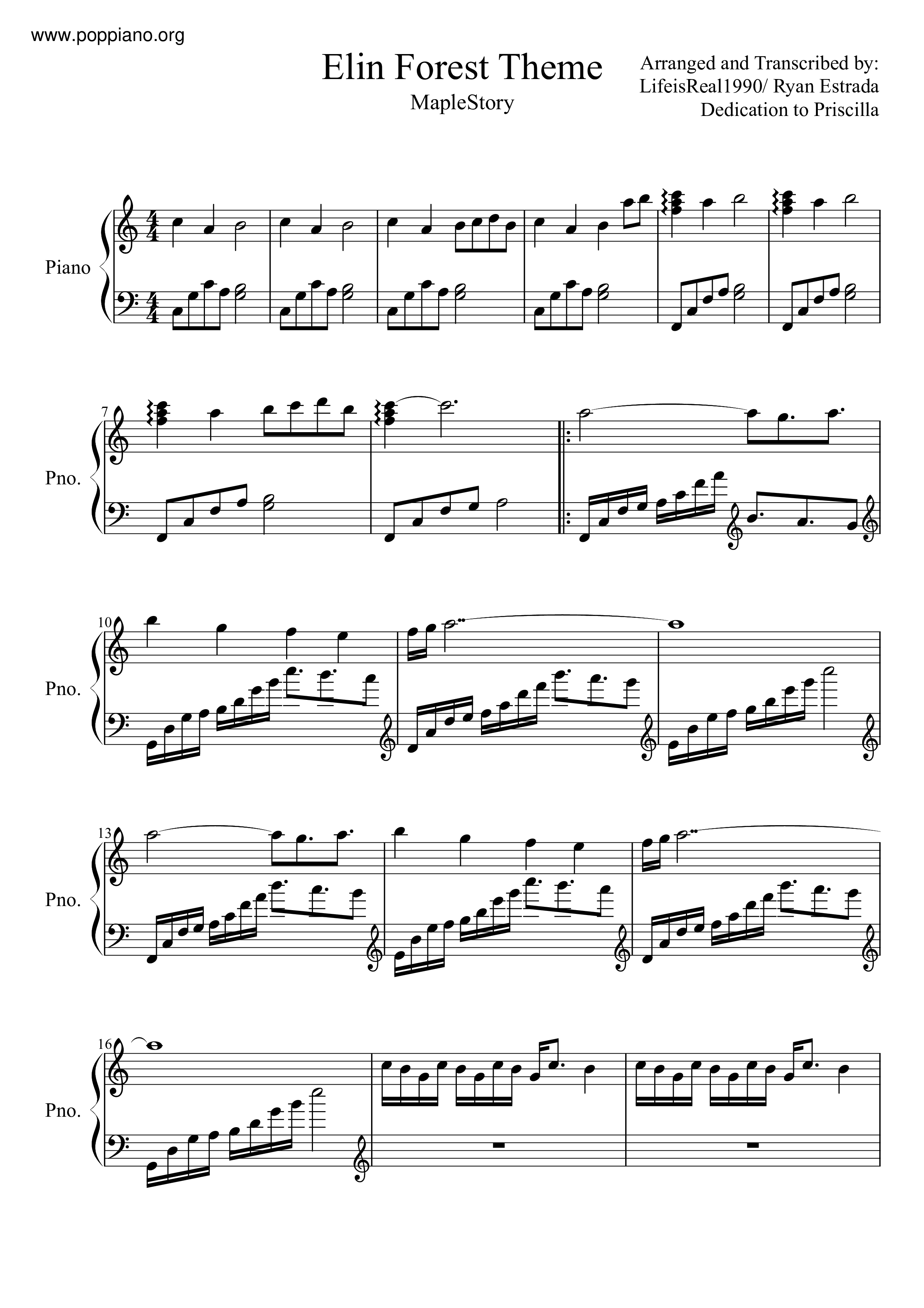 Maplestory-Elin Forest Theme Sheet Music pdf, - Free Score Download ★