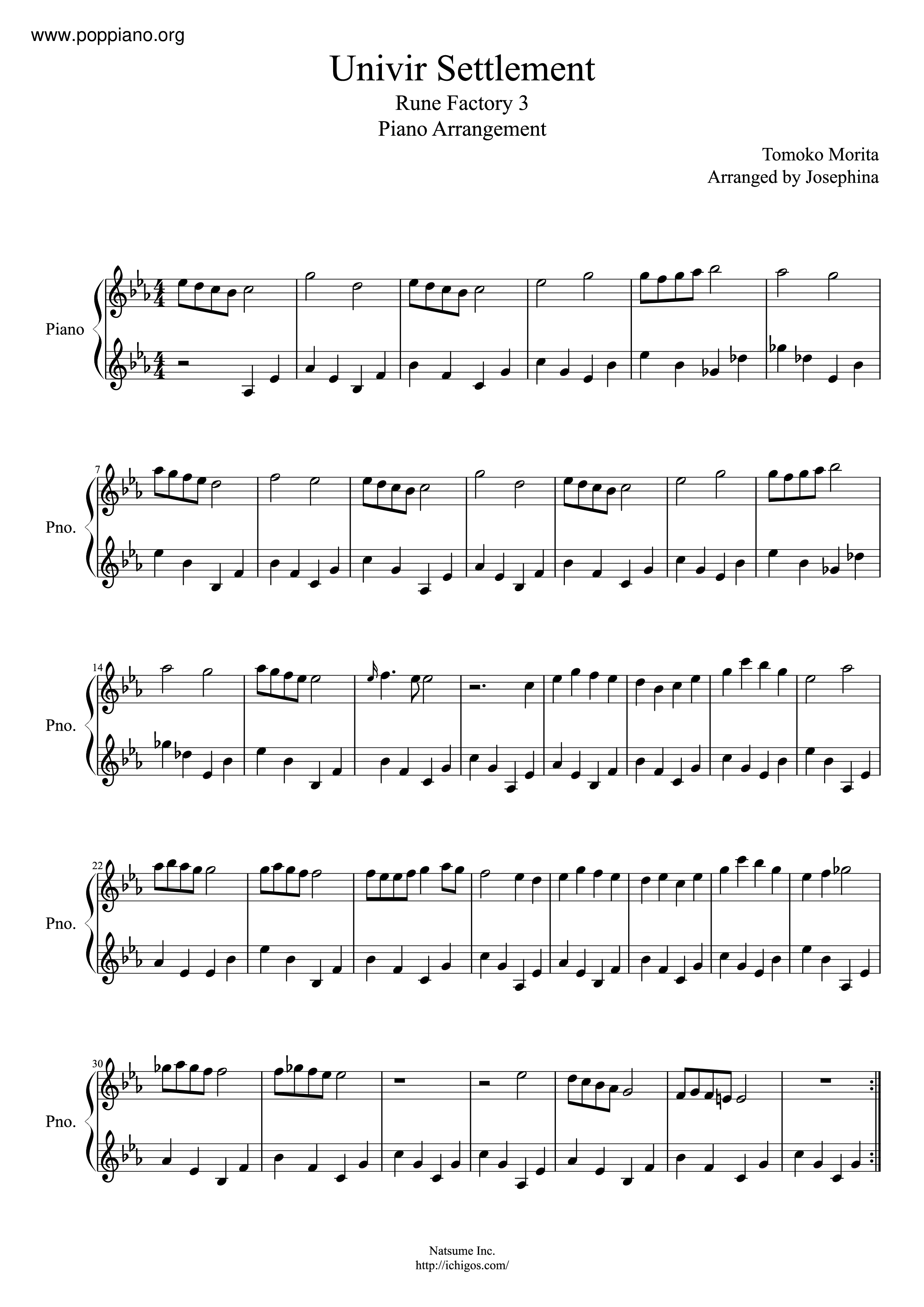 Rune Factory 3-Univir Settlement Sheet Music pdf, - Free Score Download ★