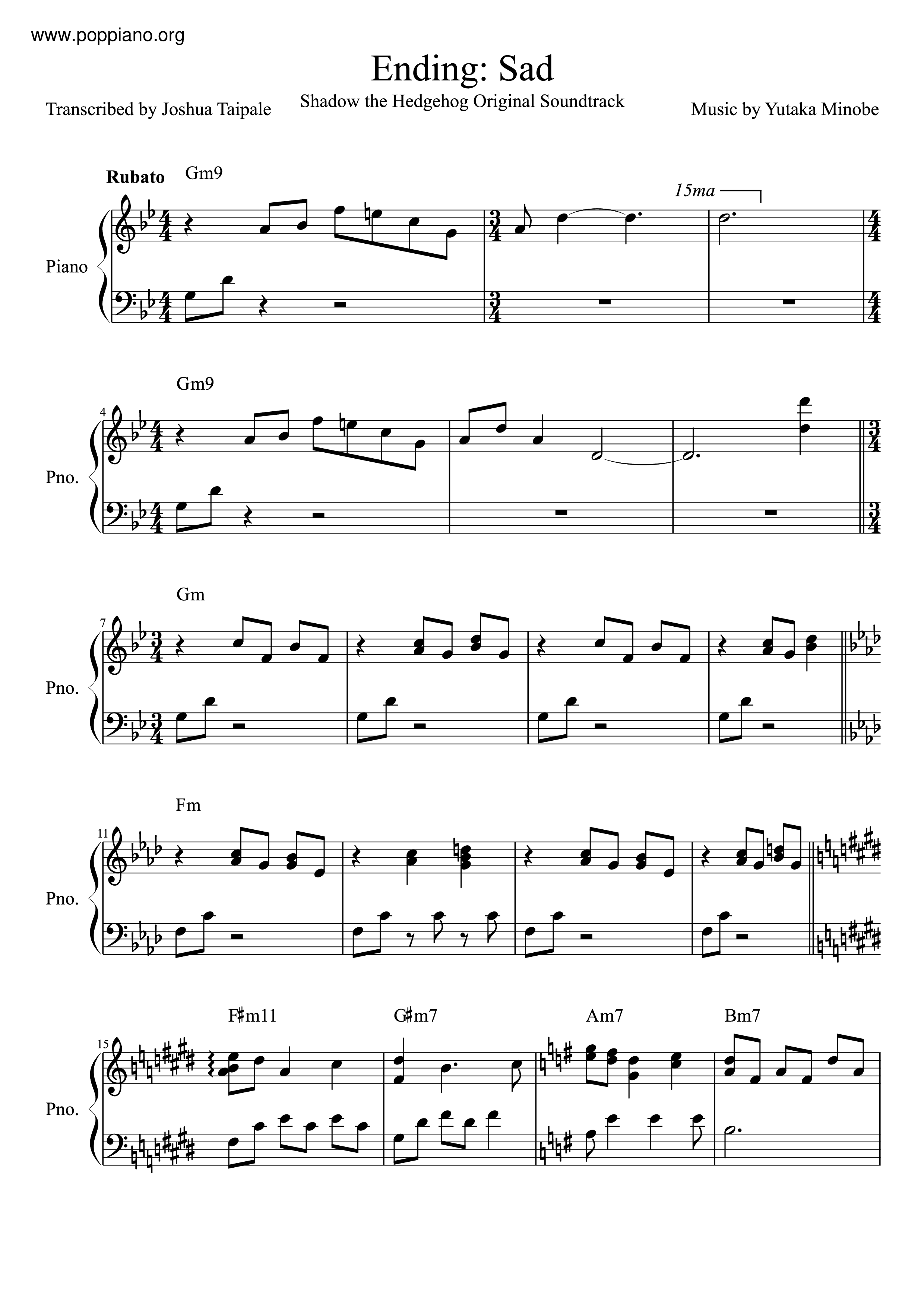 Shadow The Hedgehog-Ending: Sad 琴譜pdf-香港流行鋼琴協會琴譜下載 ★