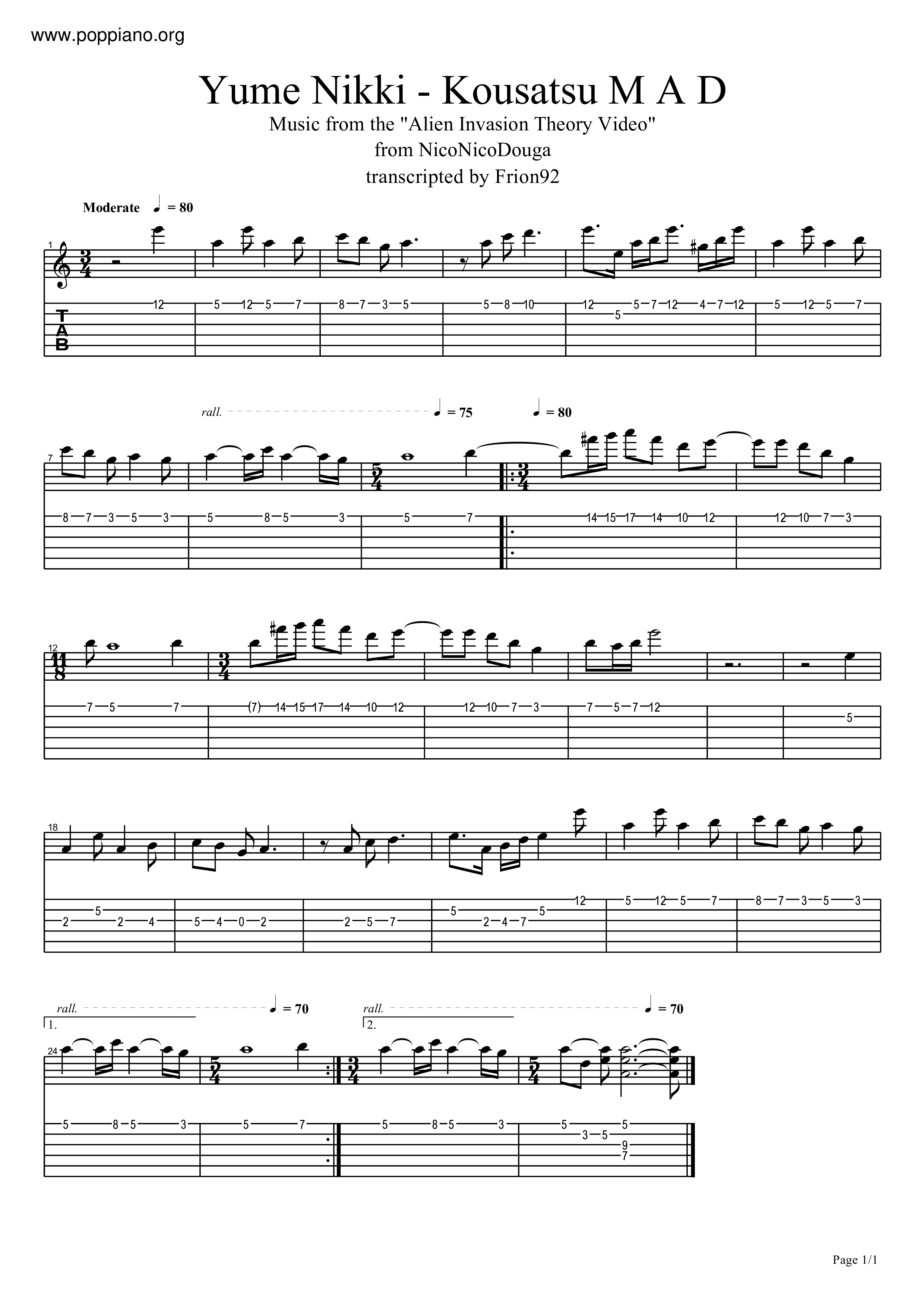 Yume Nikki-Alien Invasion Theory Sheet Music pdf, - Free Score Download ★