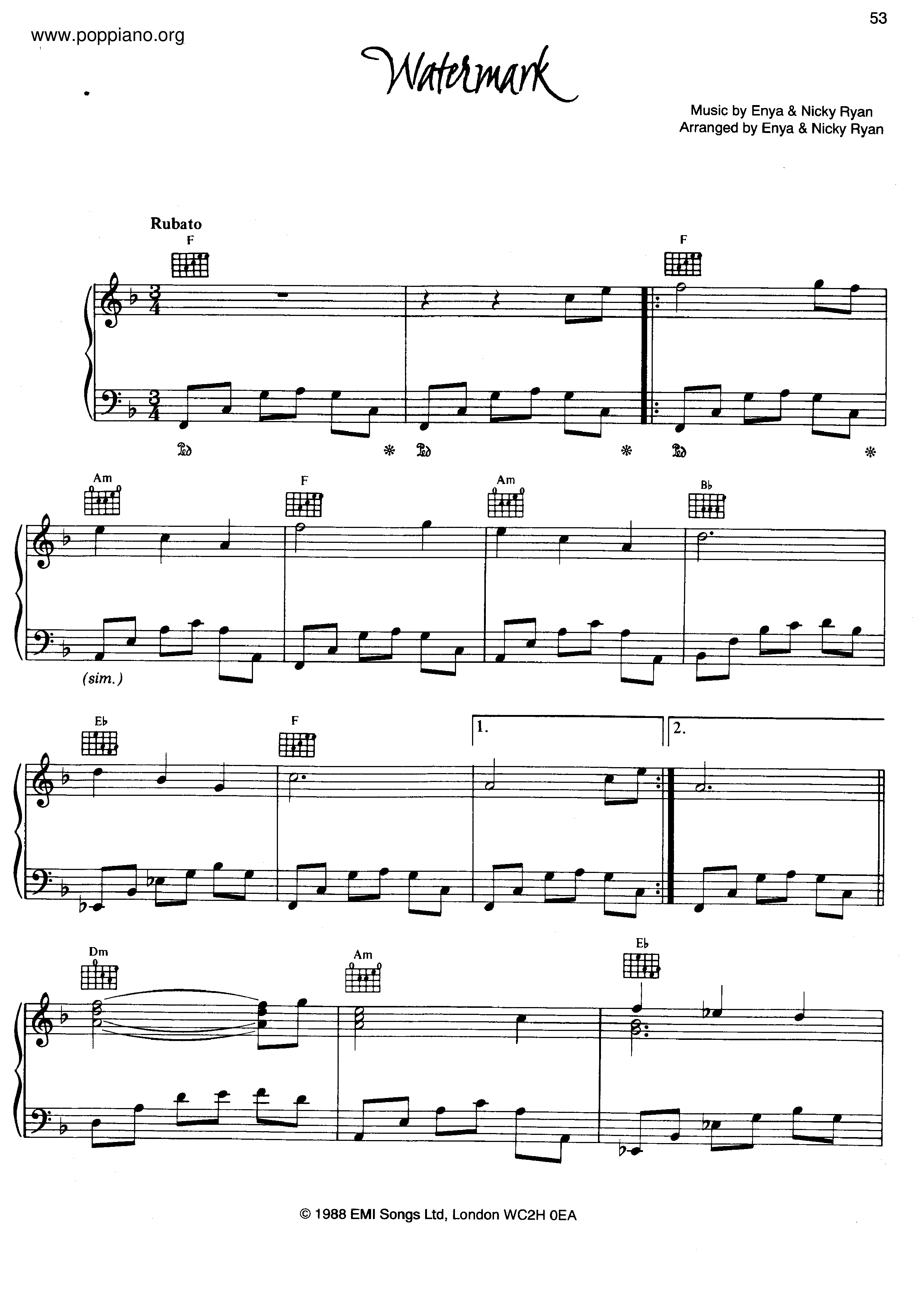 Enya-Watermark Sheet Music pdf, - Free Score Download ★