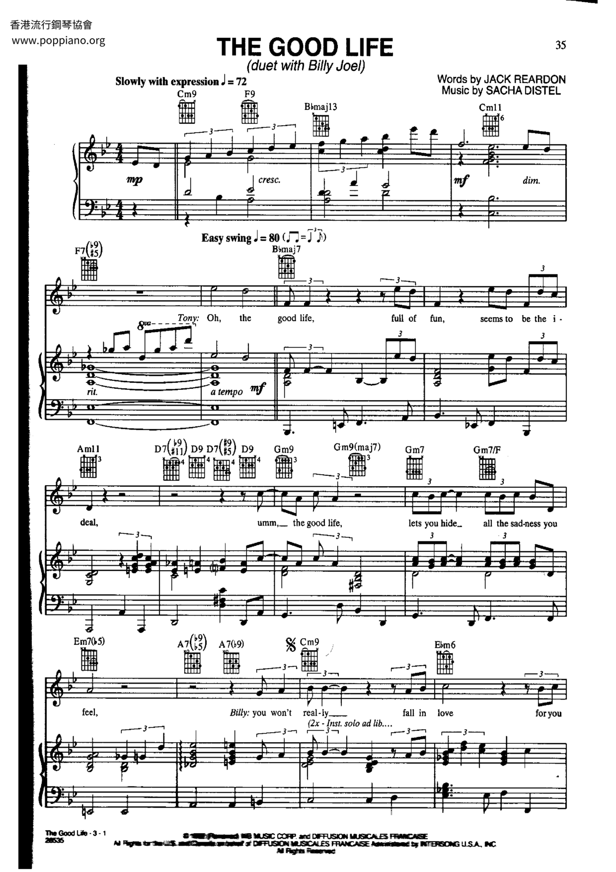 ★Tony Bennett, Billy Joel - The Good Life ピアノ譜pdf- 香港ポップピアノ協会 無料PDF楽譜 ...