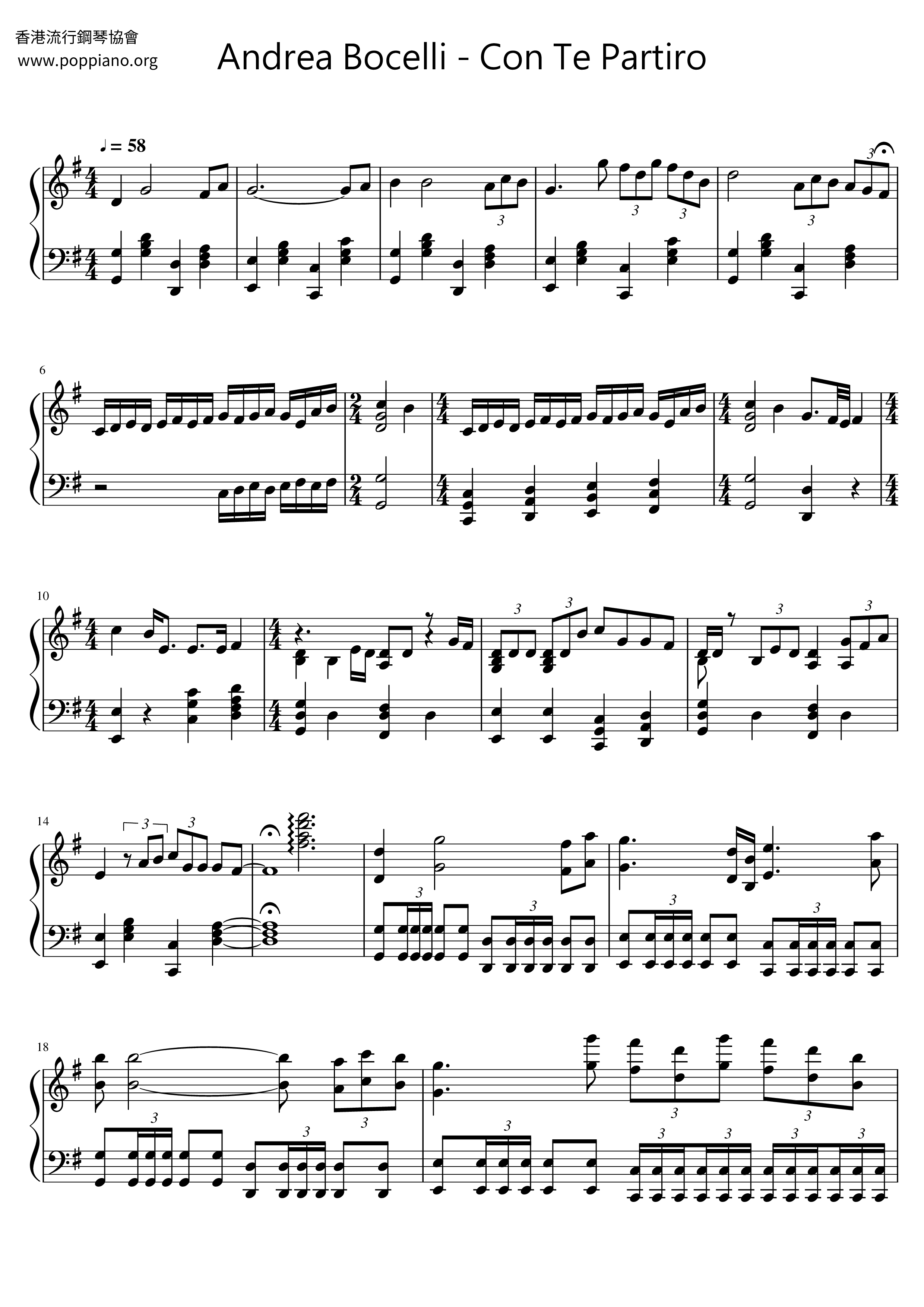 Con Te Partiro - Sheet Music / Piano Score Free PDF Download - HK Pop ...