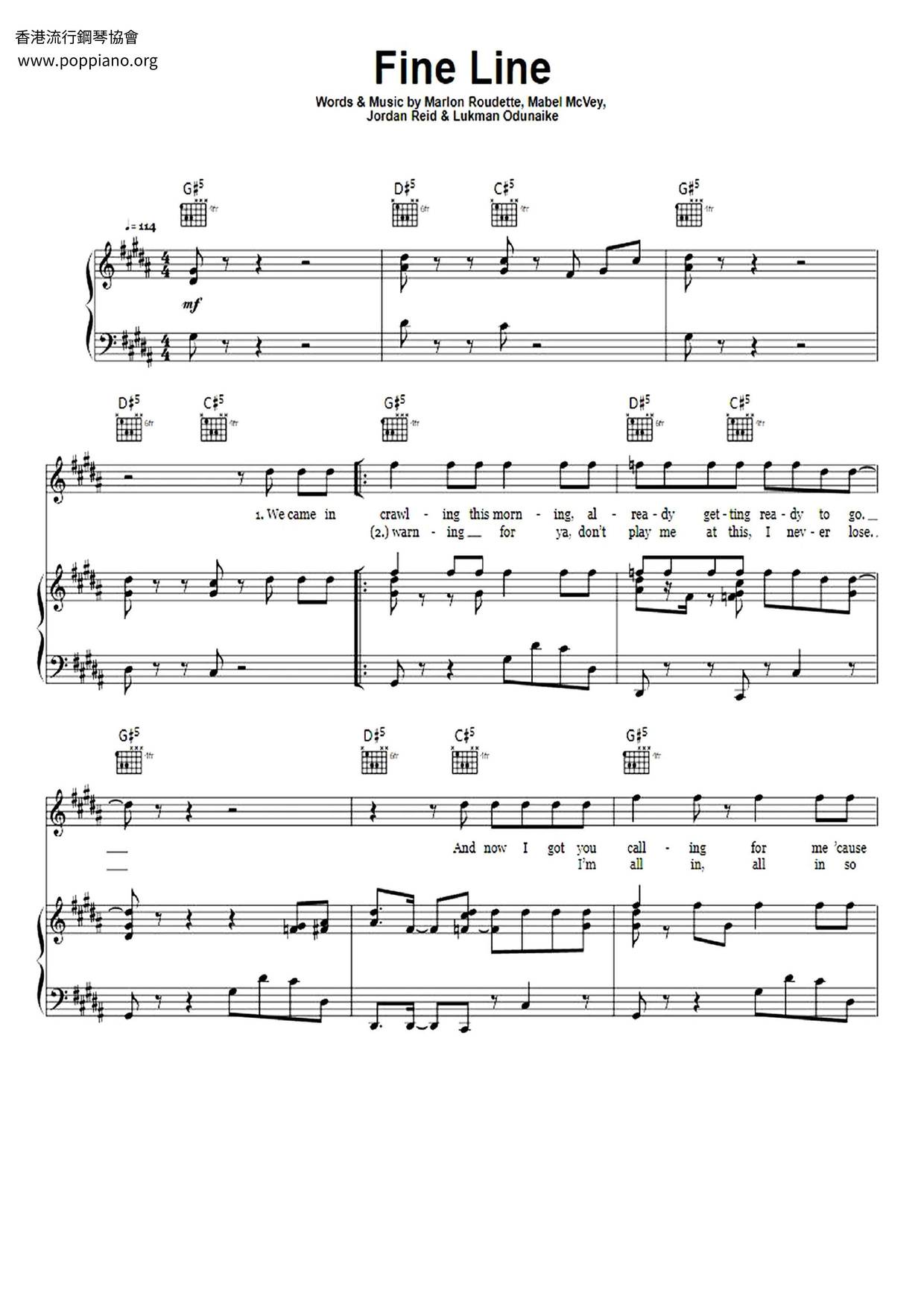 Mabel Feat Not3s-Fine Line 琴譜pdf-香港流行鋼琴協會琴譜下載 ★