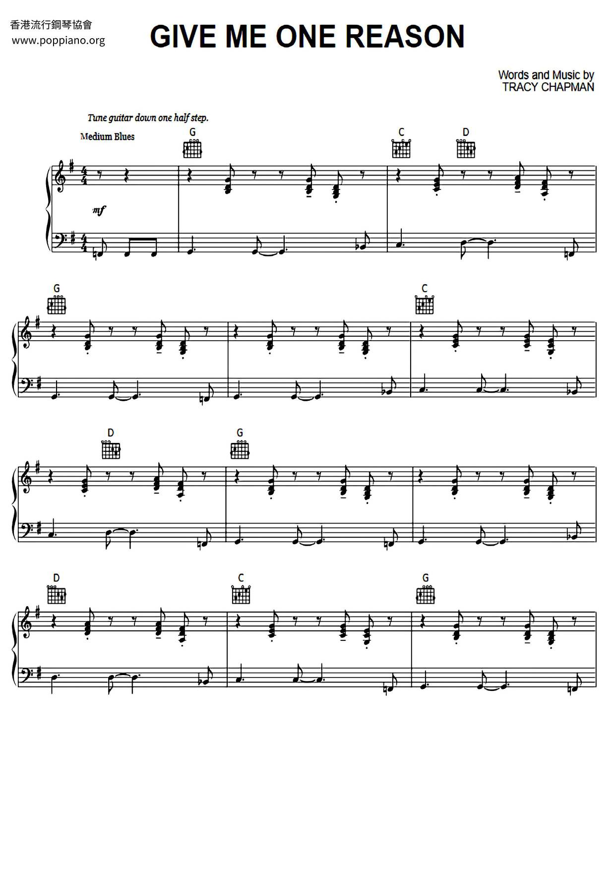 Tracy Chapman-Give Me One Reason 琴譜pdf-香港流行鋼琴協會琴譜下載 ★