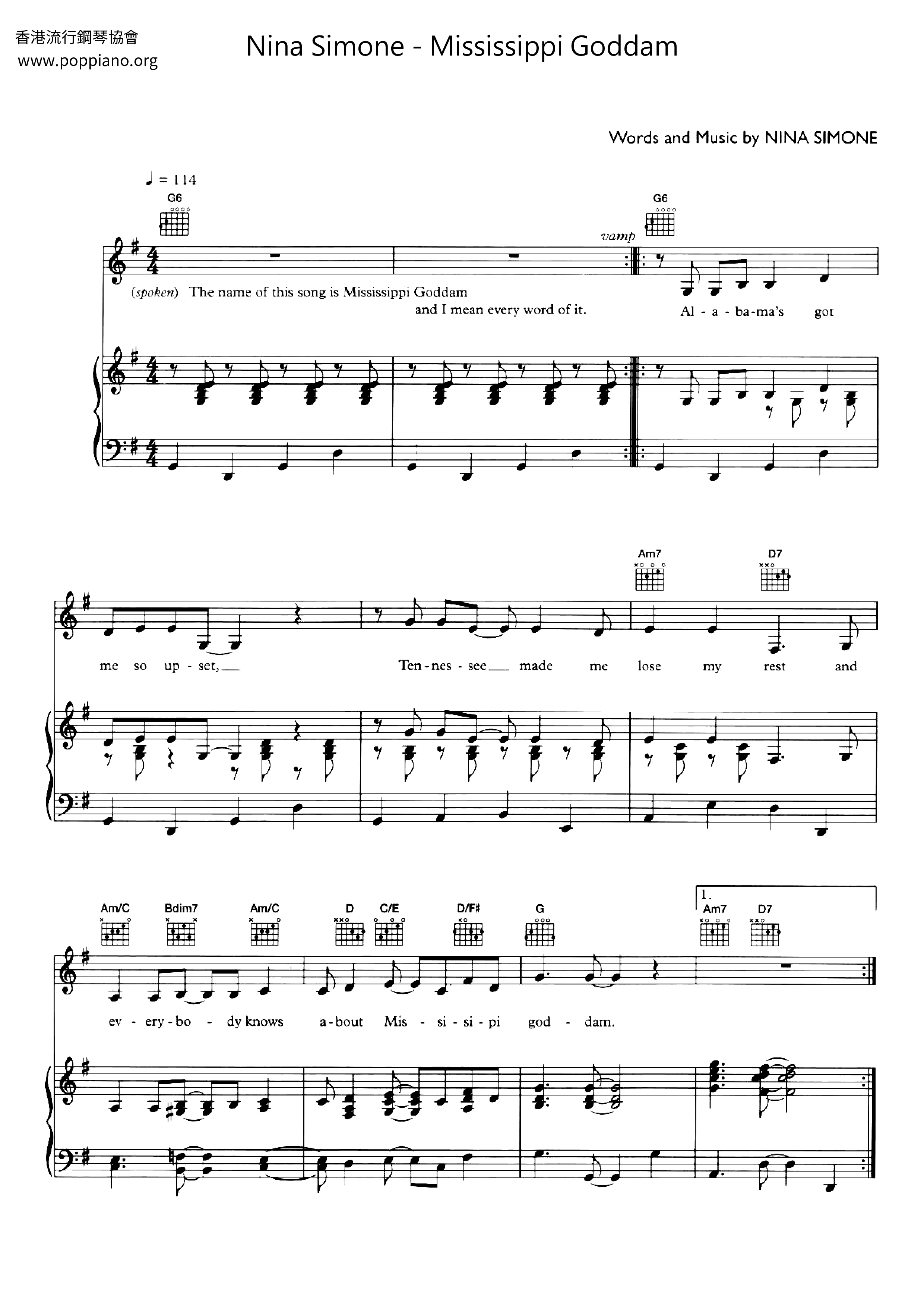 Nina Simone-Mississippi Goddam Sheet Music pdf, - Free Score Download ★