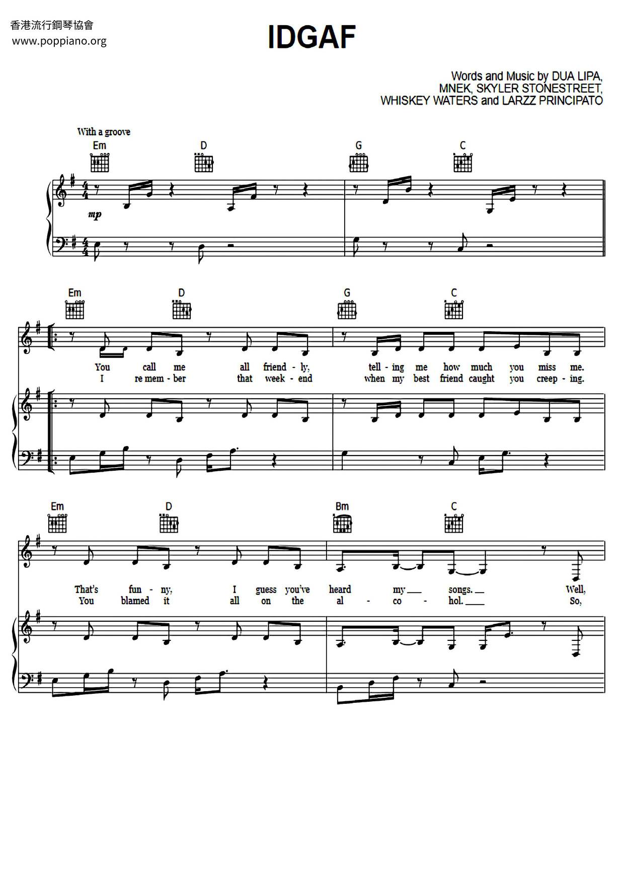 Dua Lipa-IDGAF Sheet Music pdf, - Free Score Download ★