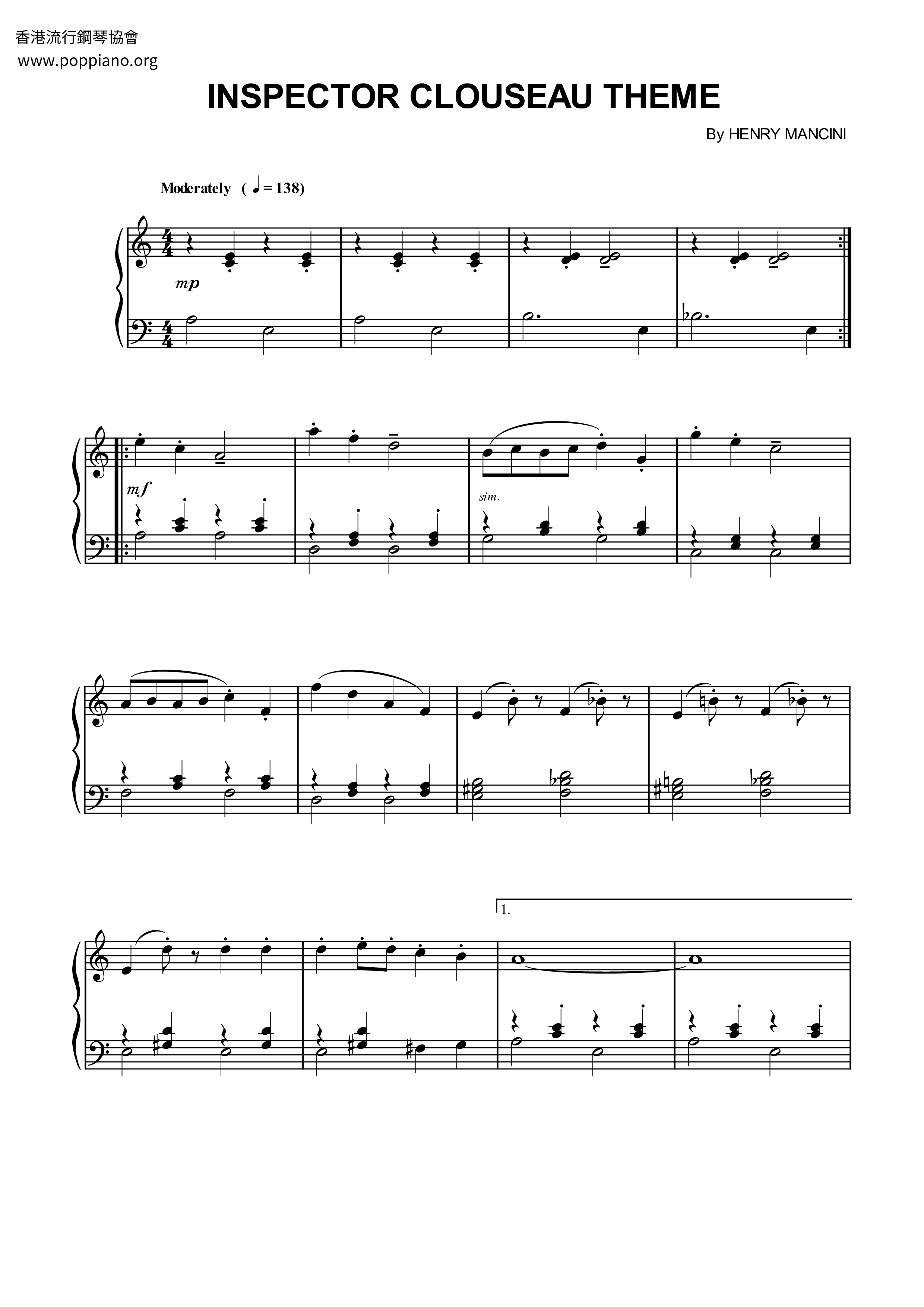 Show Lo-Inspector Clouseau Theme Sheet Music pdf, - Free Score Download ★