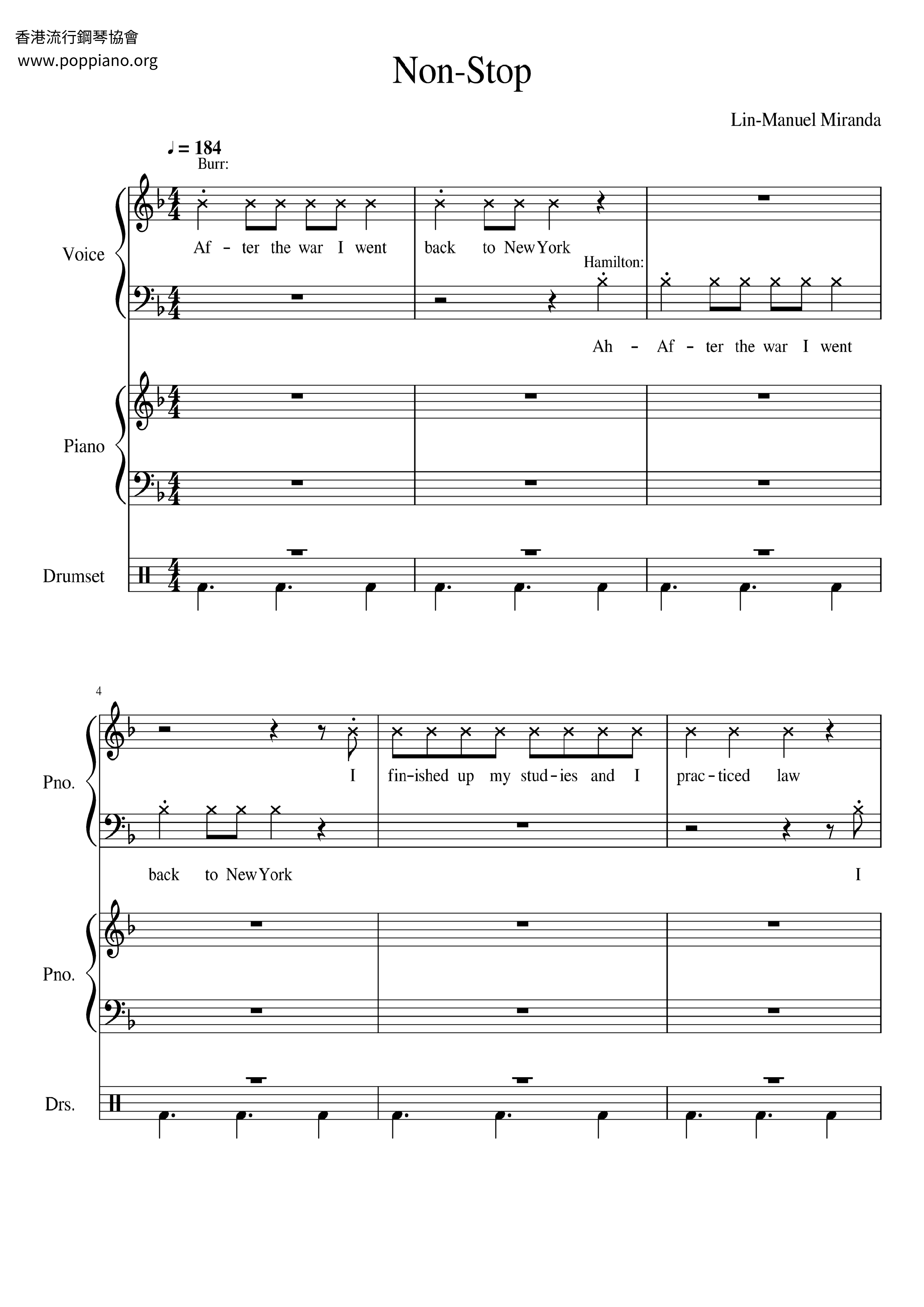 Hamilton-Non-Stop 琴譜/五線譜pdf-香港流行鋼琴協會琴譜下載 ★