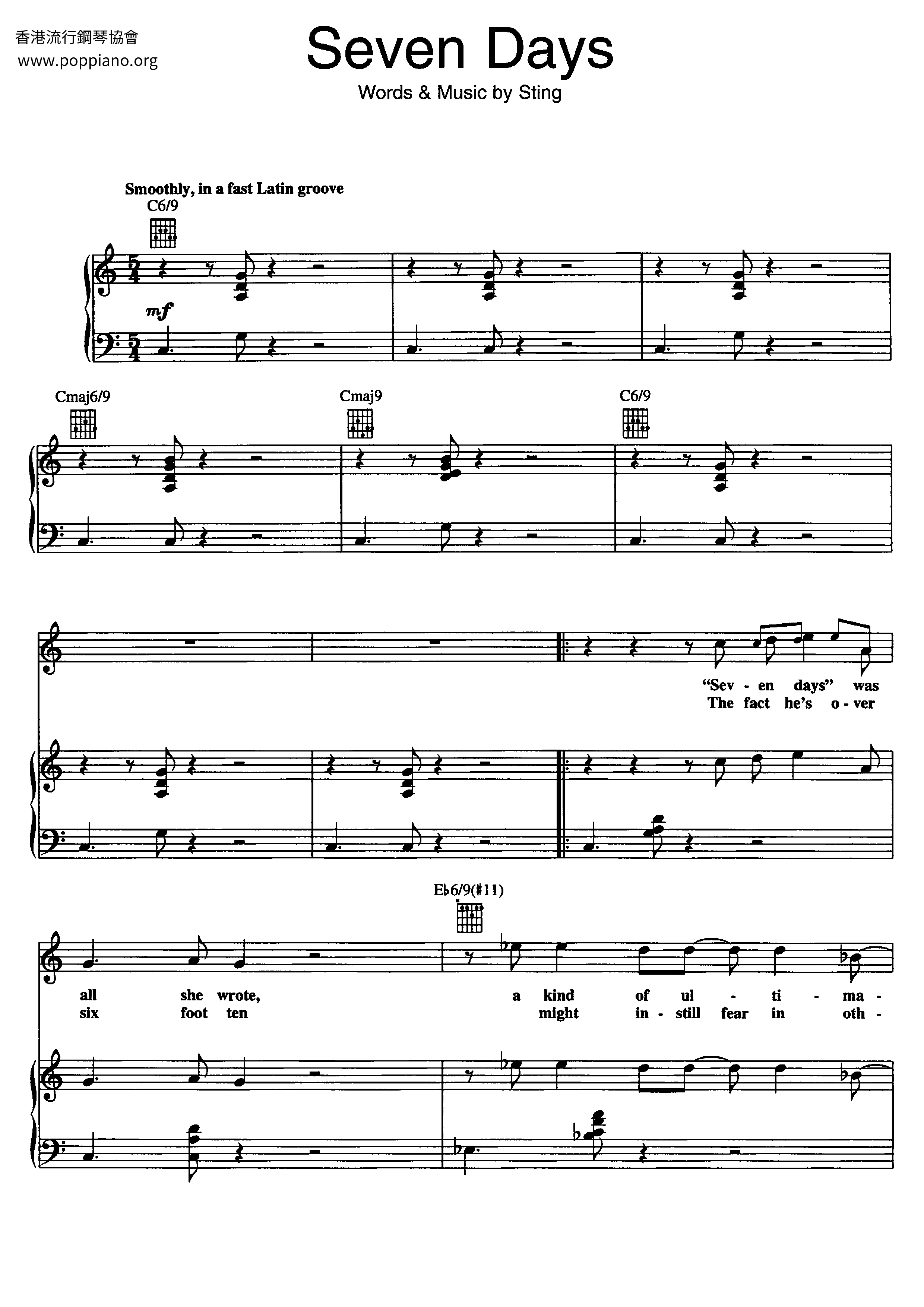 seven days | Sheet Music | Piano Score Free PDF Download | HK Pop Piano ...