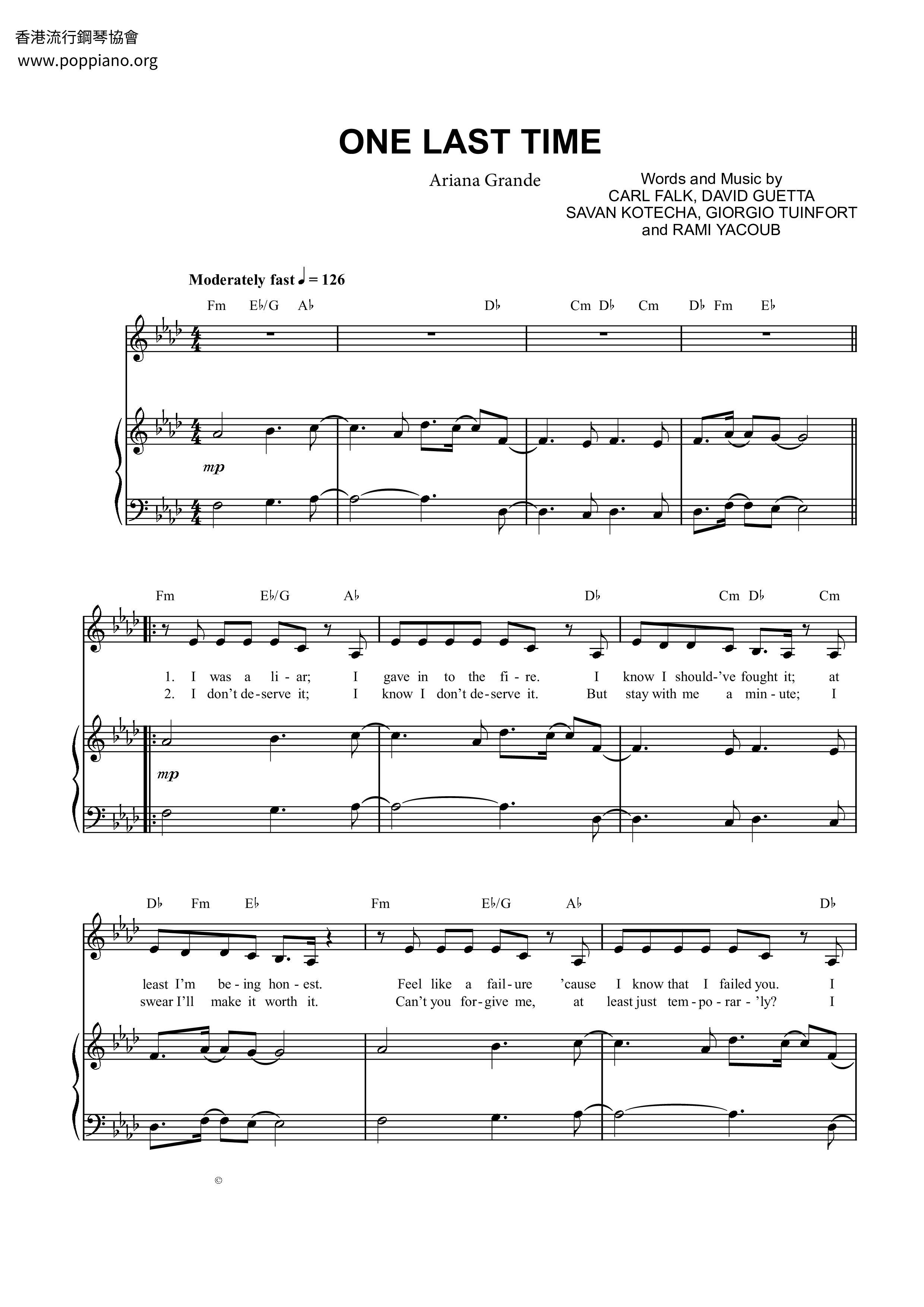 One Last Time- PDF琴譜免費下載 - 香港流行鋼琴協會 ★