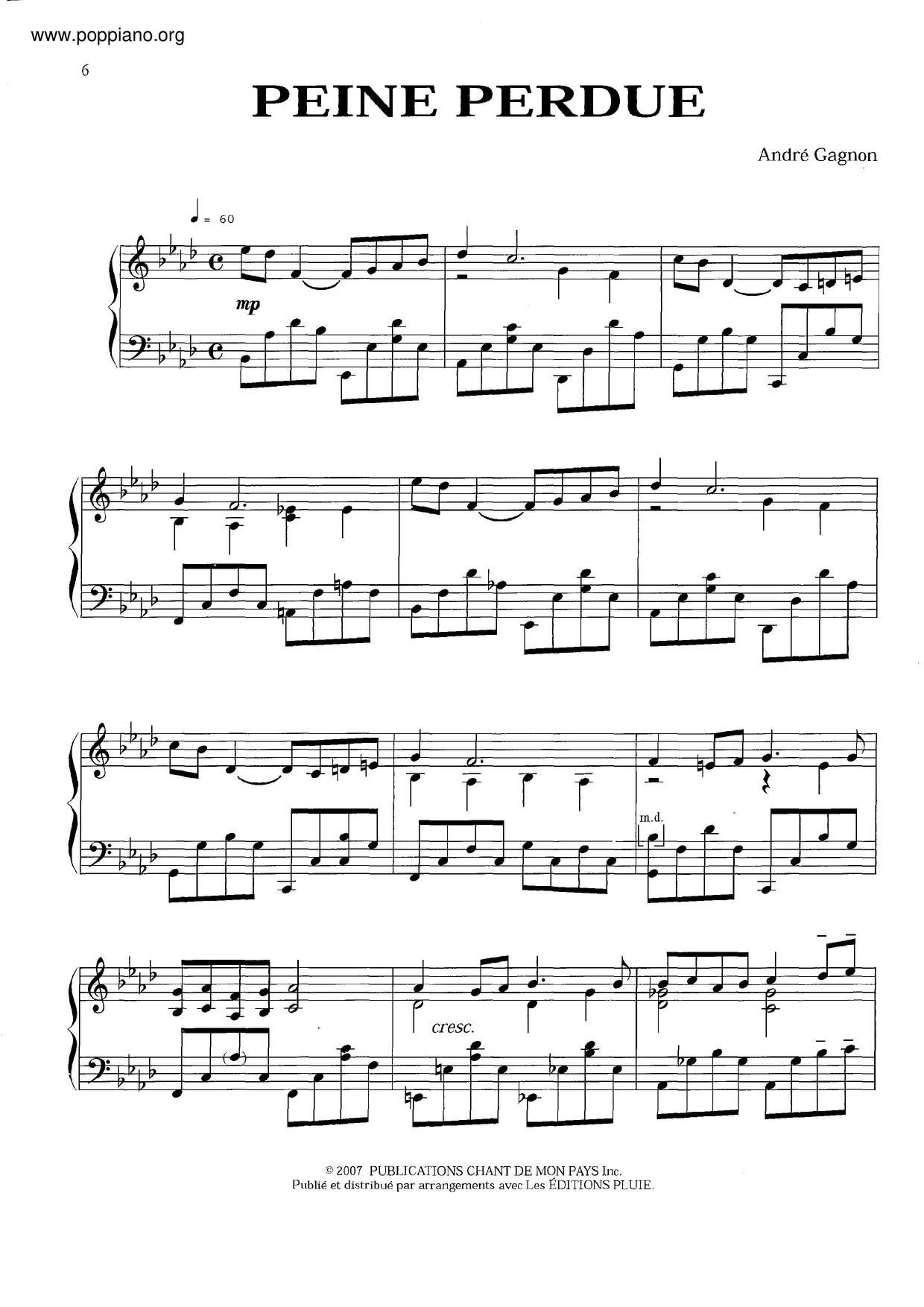 Andre Gagnon-Peine Perdue Sheet Music pdf, - Free Score Download ★