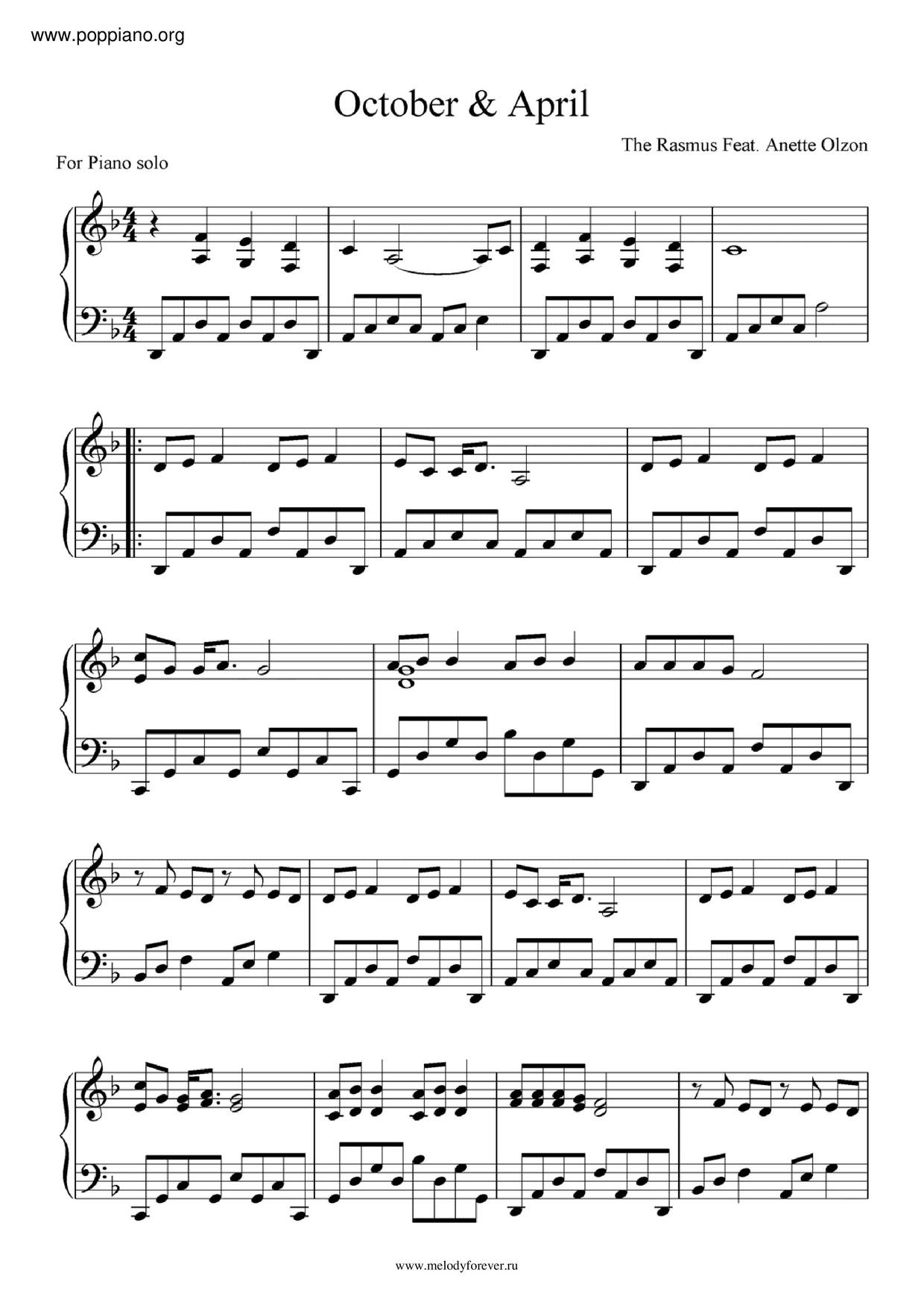 Rasmus Feat Anette Olzon-October And April Sheet Music pdf, - Free ...