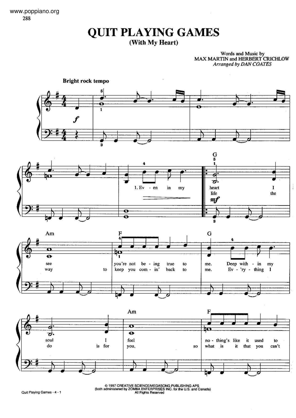 quit playing games (with my heart)- PDF琴譜免費下載 - 香港流行鋼琴協會 ★