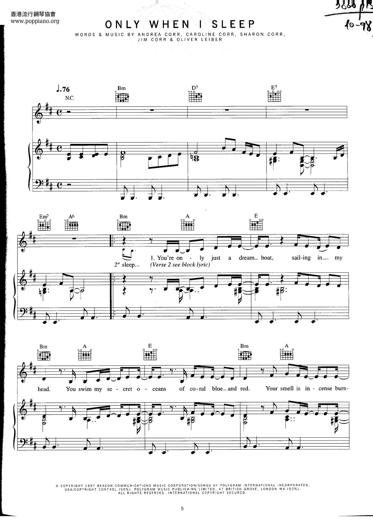 The Corrs-Only When I Sleep Sheet Music pdf, - Free Score Download ★