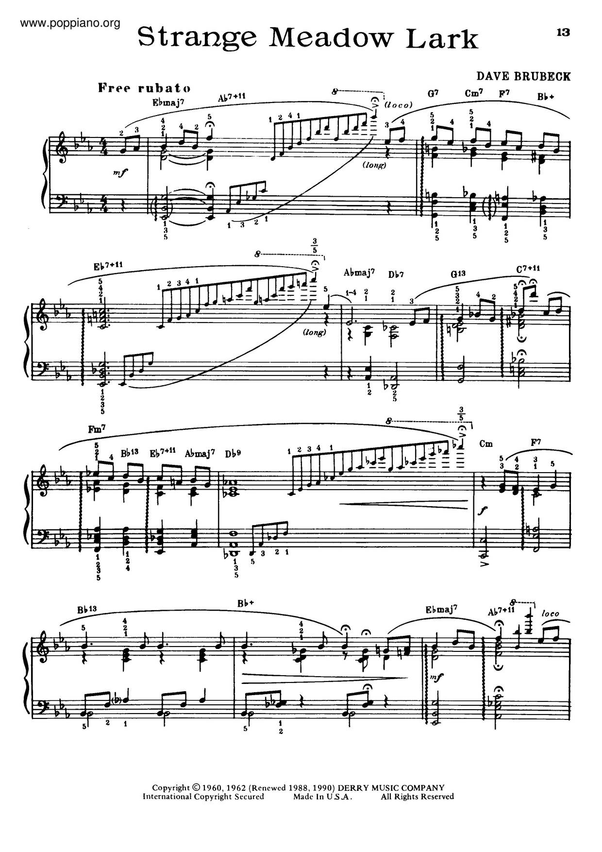 Dave Brubeck-Strange Meadow Lark Sheet Music pdf, - Free Score Download ★