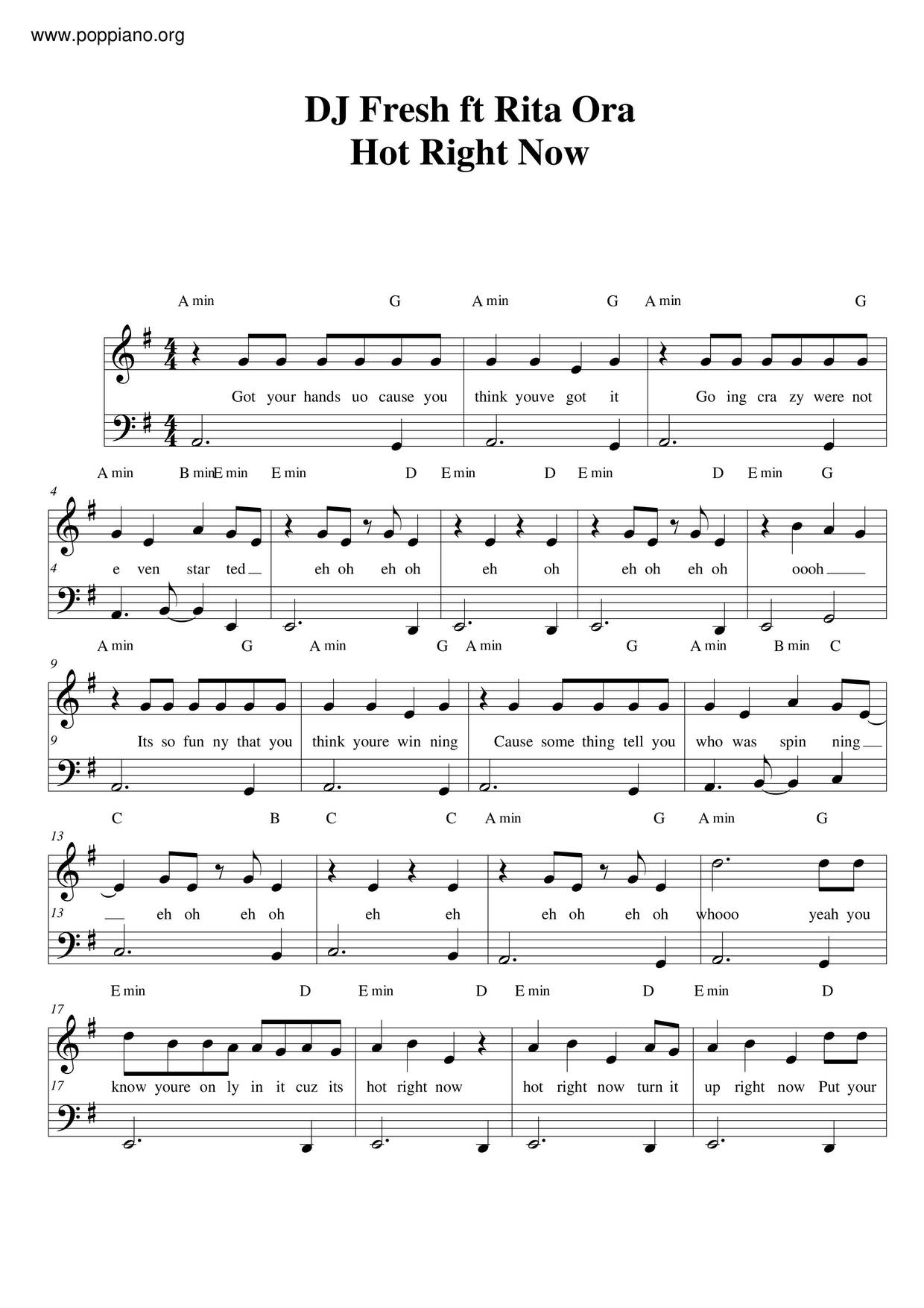 Dj Fresh, Rita Ora-Hot Right Now 琴谱/五线谱pdf-香港流行钢琴协会琴谱下载 ★