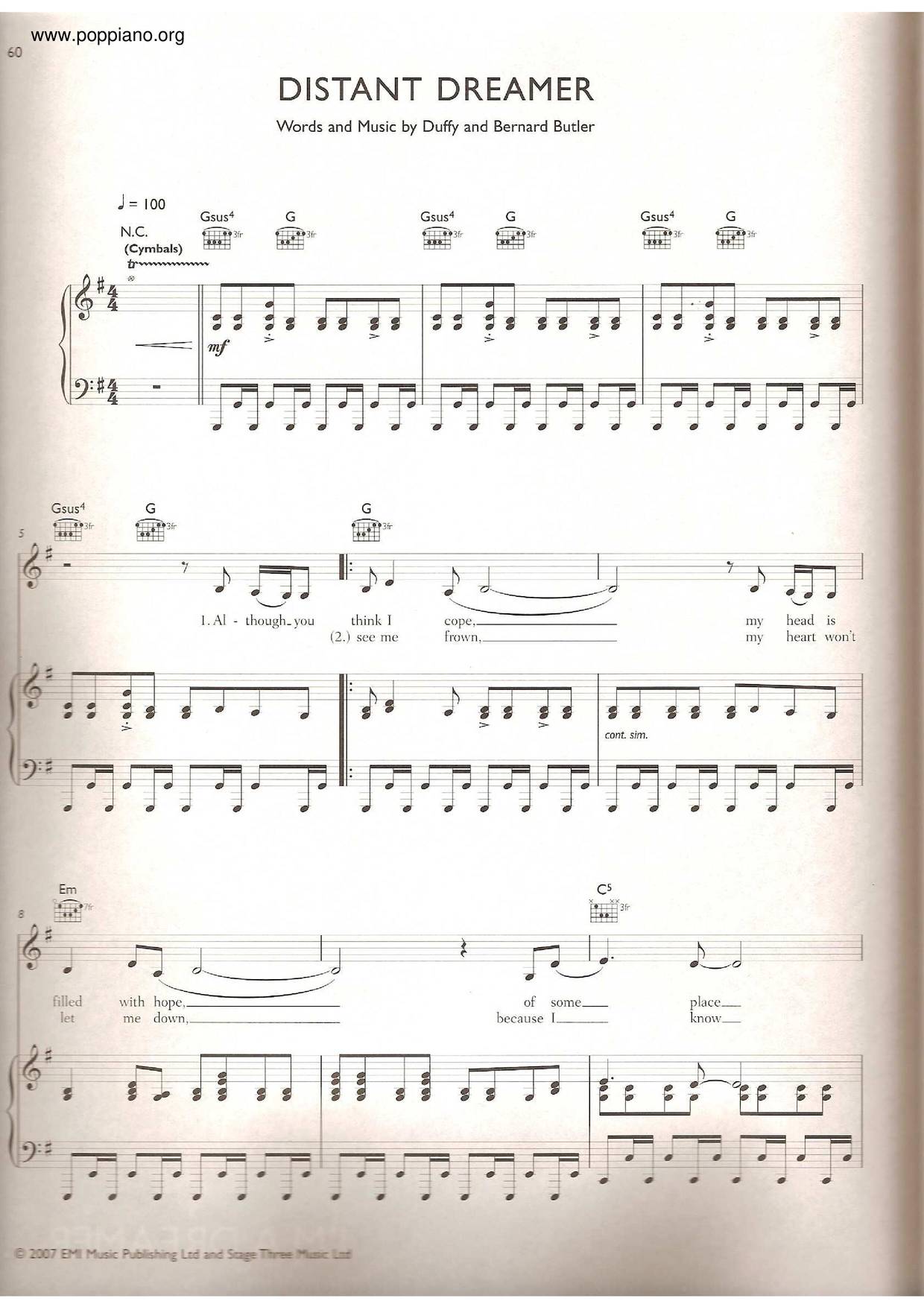 Duffy-Distant Dreamer 琴谱/五线谱pdf-香港流行钢琴协会琴谱下载 ★