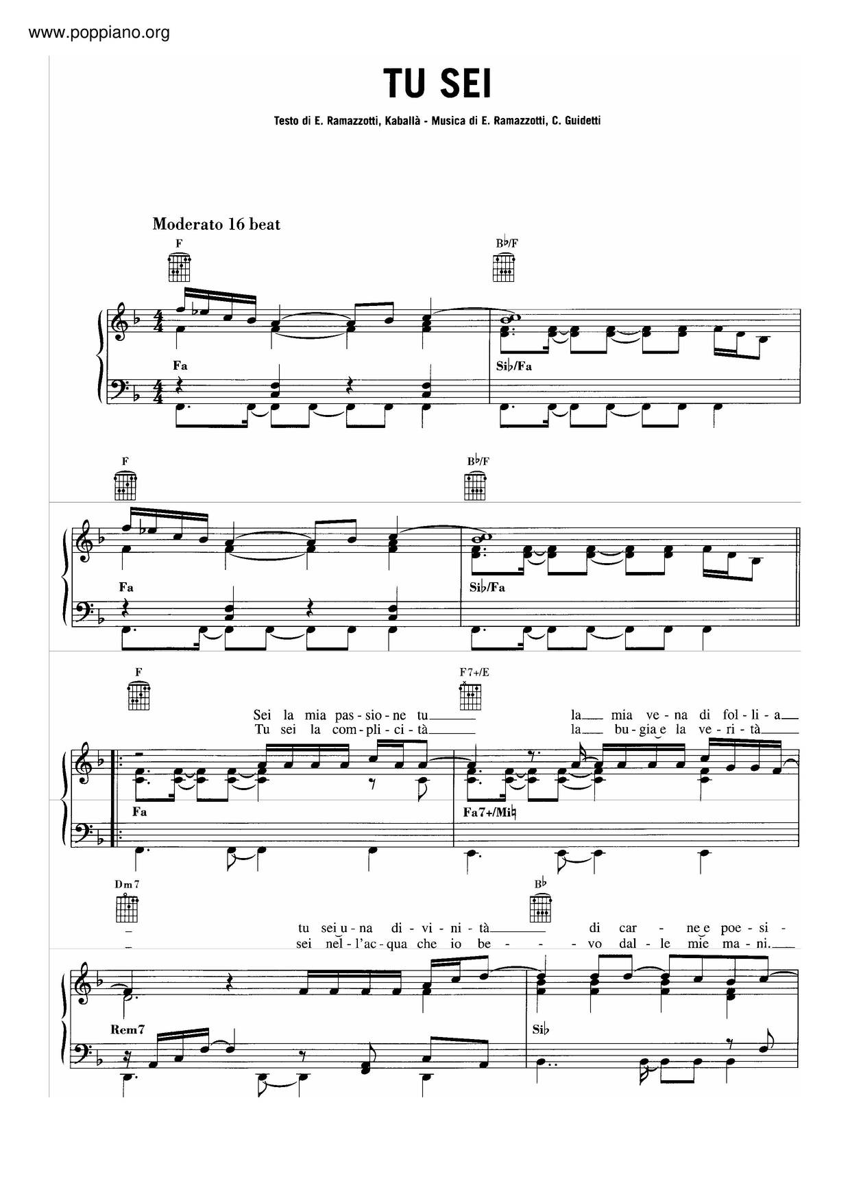 Eros Ramazzotti-Tu Sei Sheet Music pdf, - Free Score Download ★