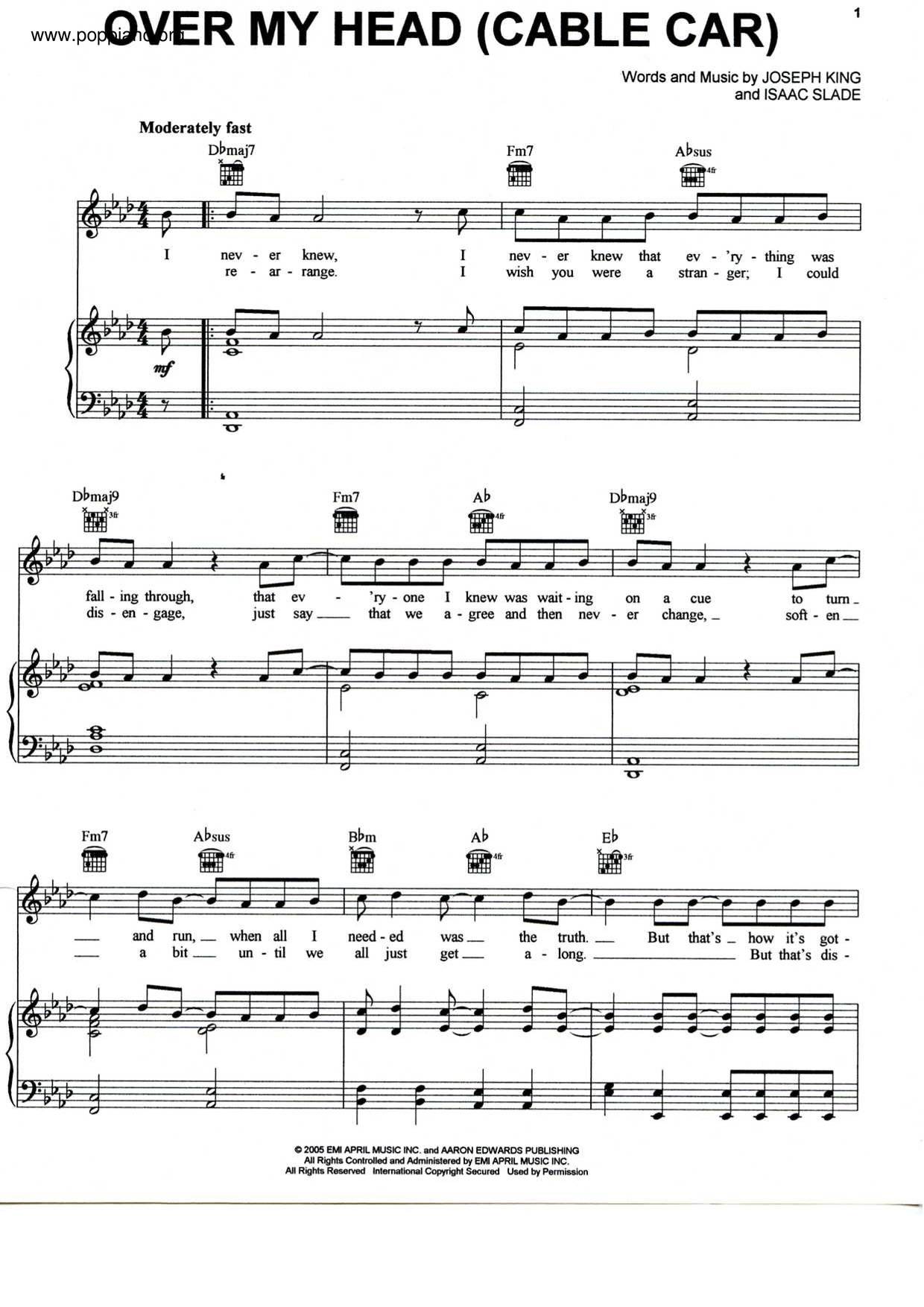 The Fray-Over My Head Sheet Music pdf, - Free Score Download ★