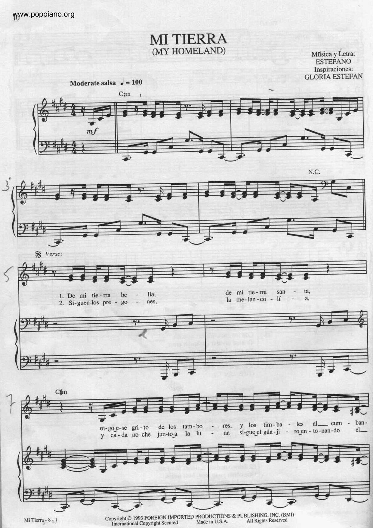 Gloria Estefan-Mi Tierra Sheet Music pdf, - Free Score Download ★