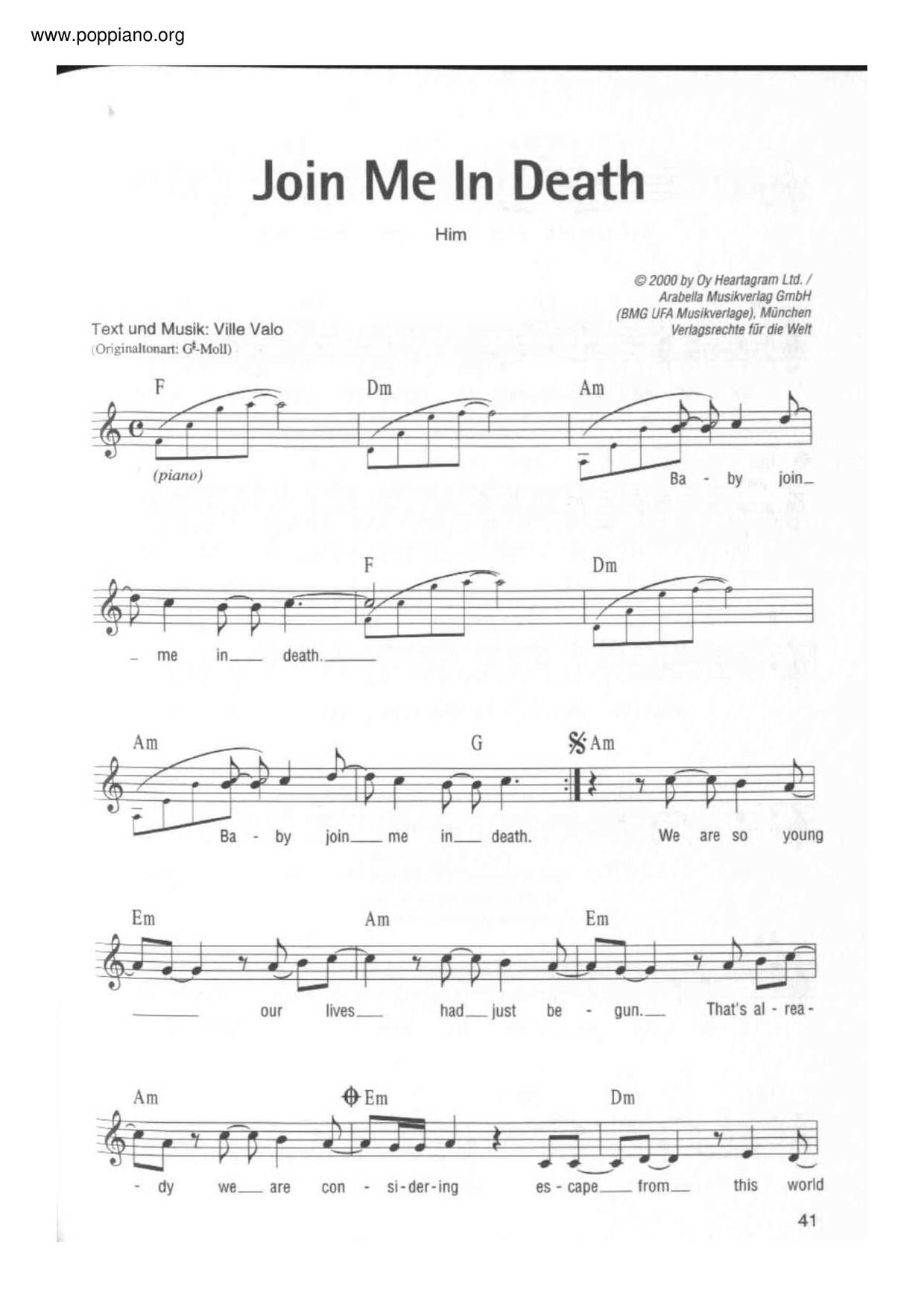 Him-Join Me In Death Sheet Music pdf, - Free Score Download ★