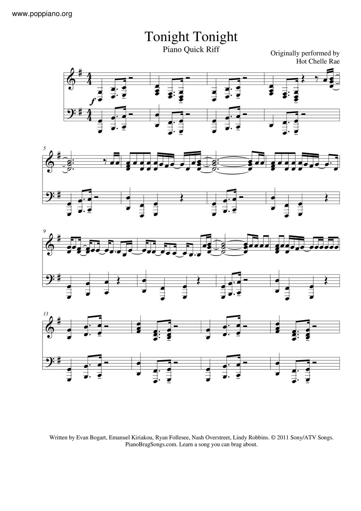 Hot Chelle Rae-Tonight Tonight 琴譜/五線譜pdf-香港流行鋼琴協會琴譜下載 ★