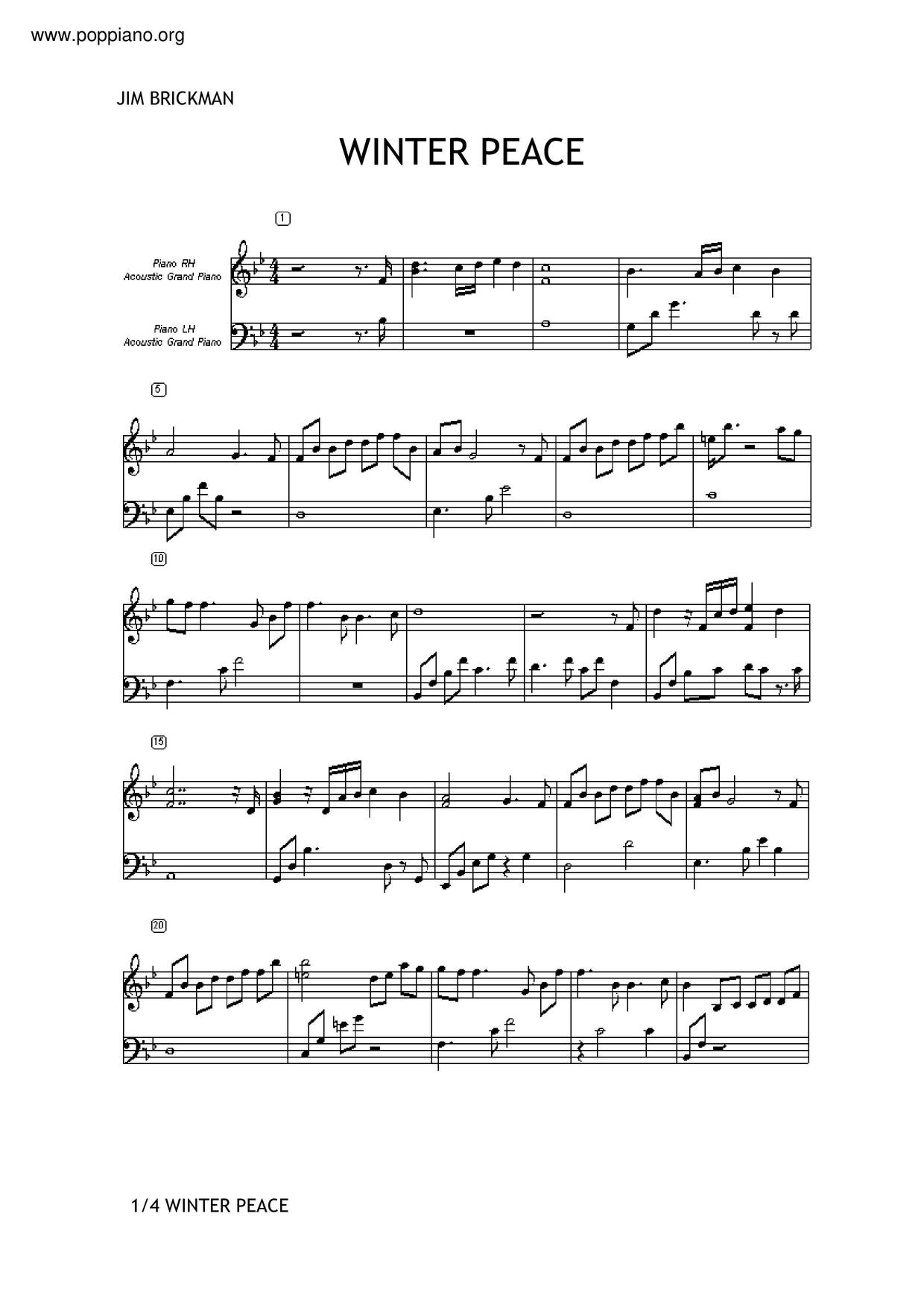 Jim Brickman-Winter Peace Sheet Music pdf, - Free Score Download ★