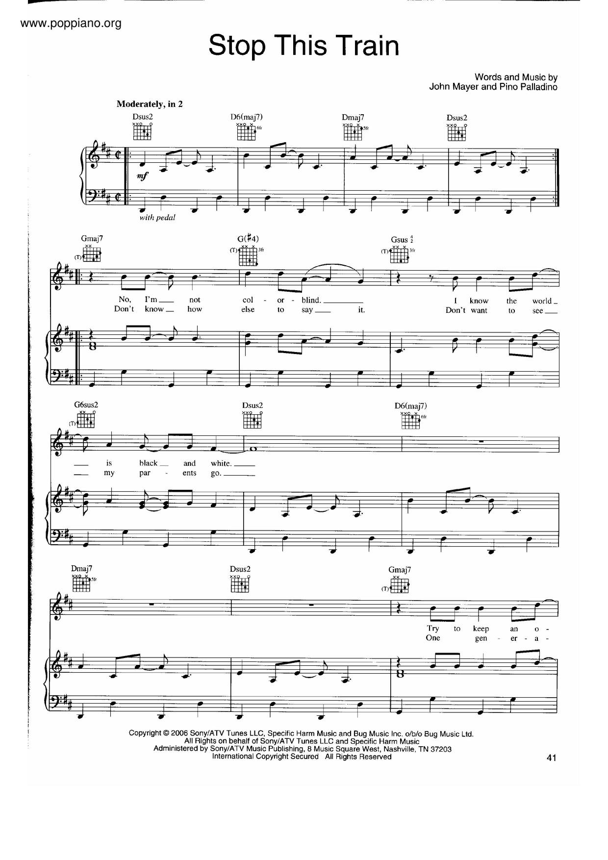 John Mayer-Stop This Train 琴譜/五線譜pdf-香港流行鋼琴協會琴譜下載 ★