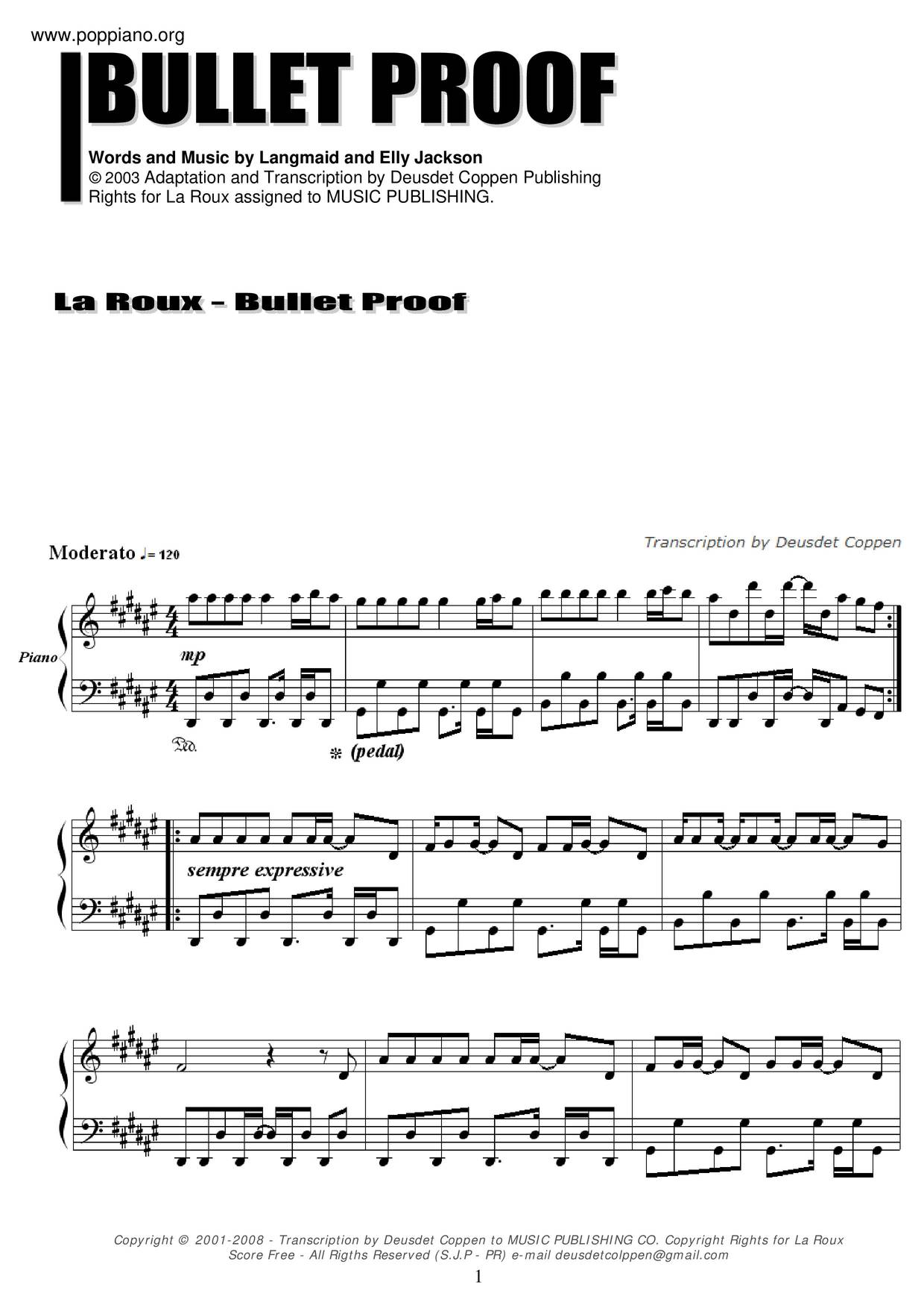 La Roux-Bulletproof Sheet Music pdf, - Free Score Download ★