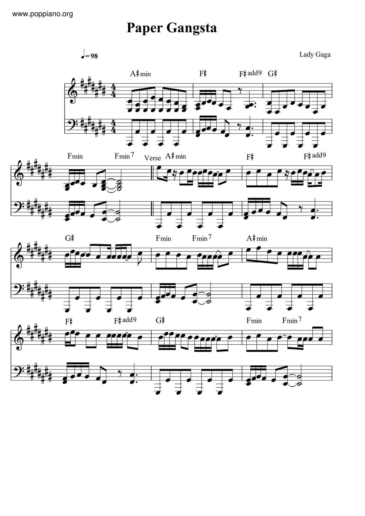 Lady Gaga-Paper Gangsta Sheet Music pdf, (レディー・ガガ) - Free Score Download ★