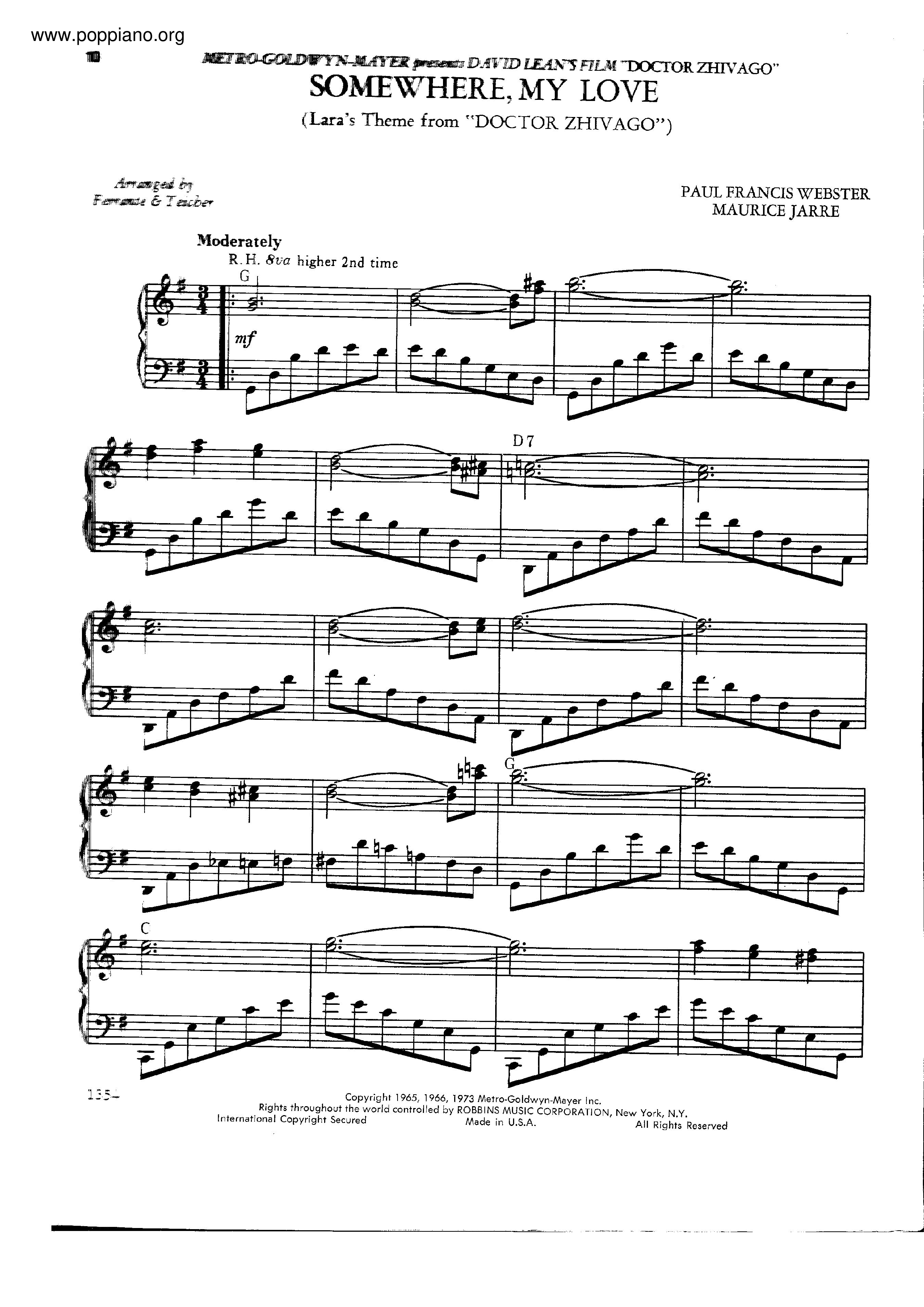 Somewhere My Love Sheet Music Piano Score Free Pdf Download Hk