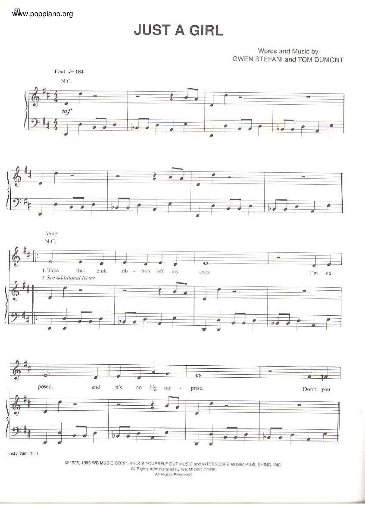 No Doubt-Just A Girl Sheet Music pdf, - Free Score Download ★