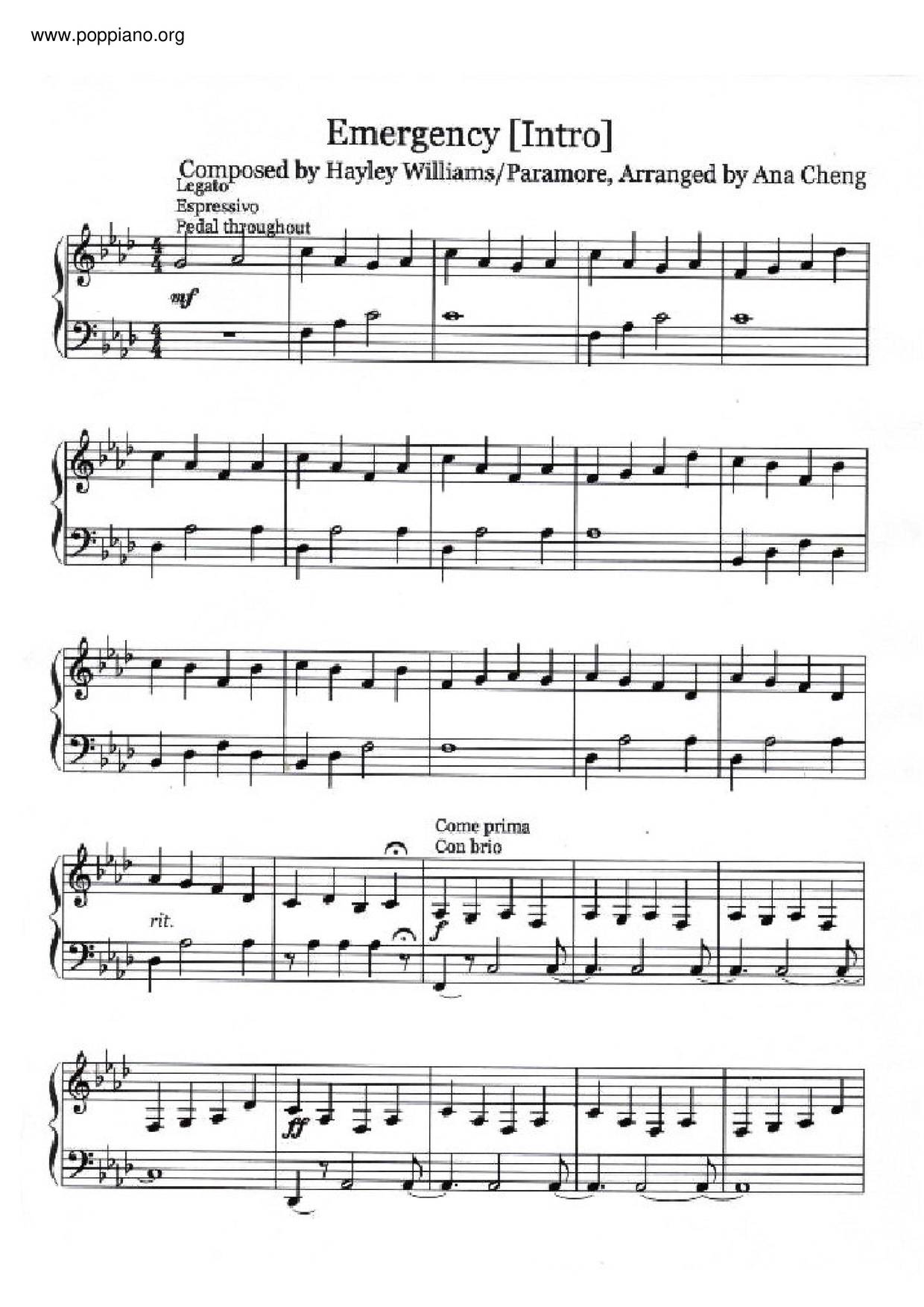 Paramore-Emergency 琴譜pdf-香港流行鋼琴協會琴譜下載 ★