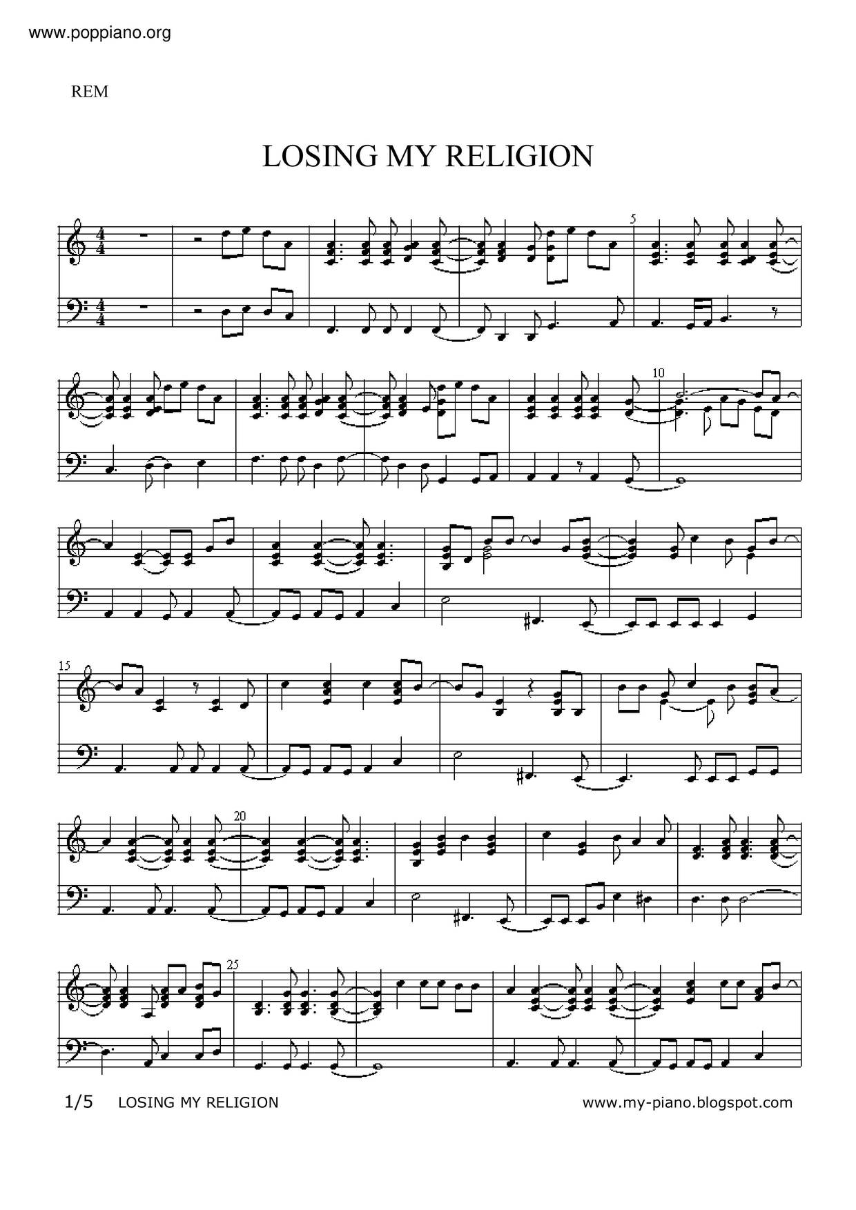 Losing My Religion - Sheet Music / Piano Score Free PDF Download - HK ...