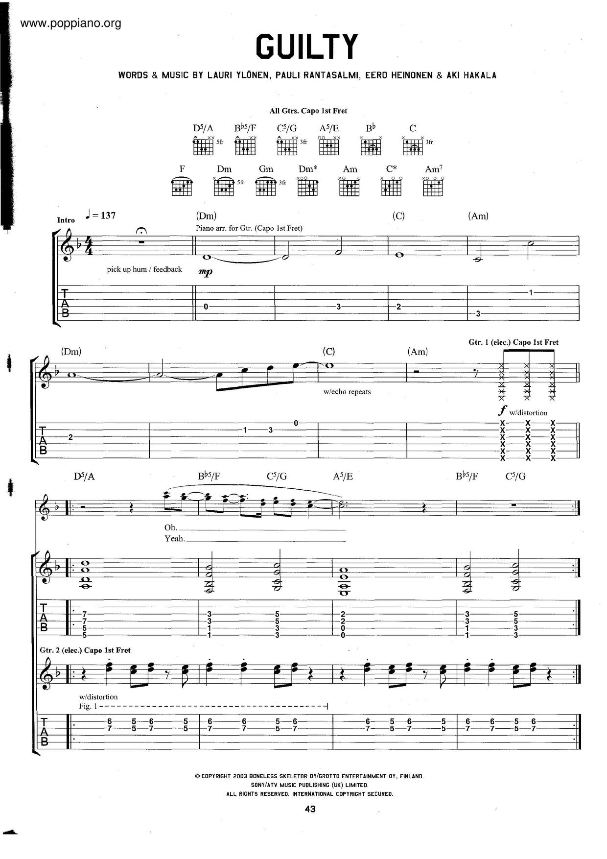 The Rasmus-Guilty Sheet Music pdf, - Free Score Download ★