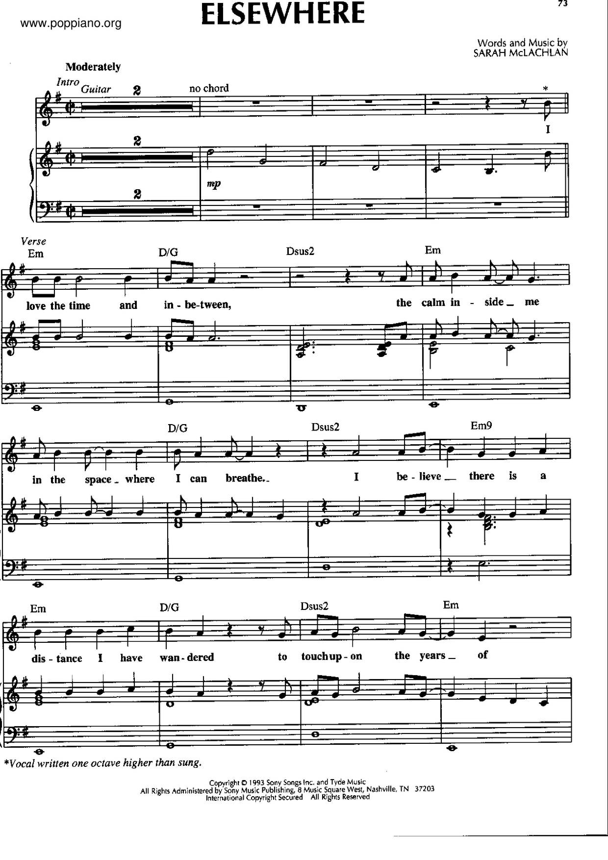 Sarah McLachlan-Elsewhere Sheet Music pdf, - Free Score Download ★
