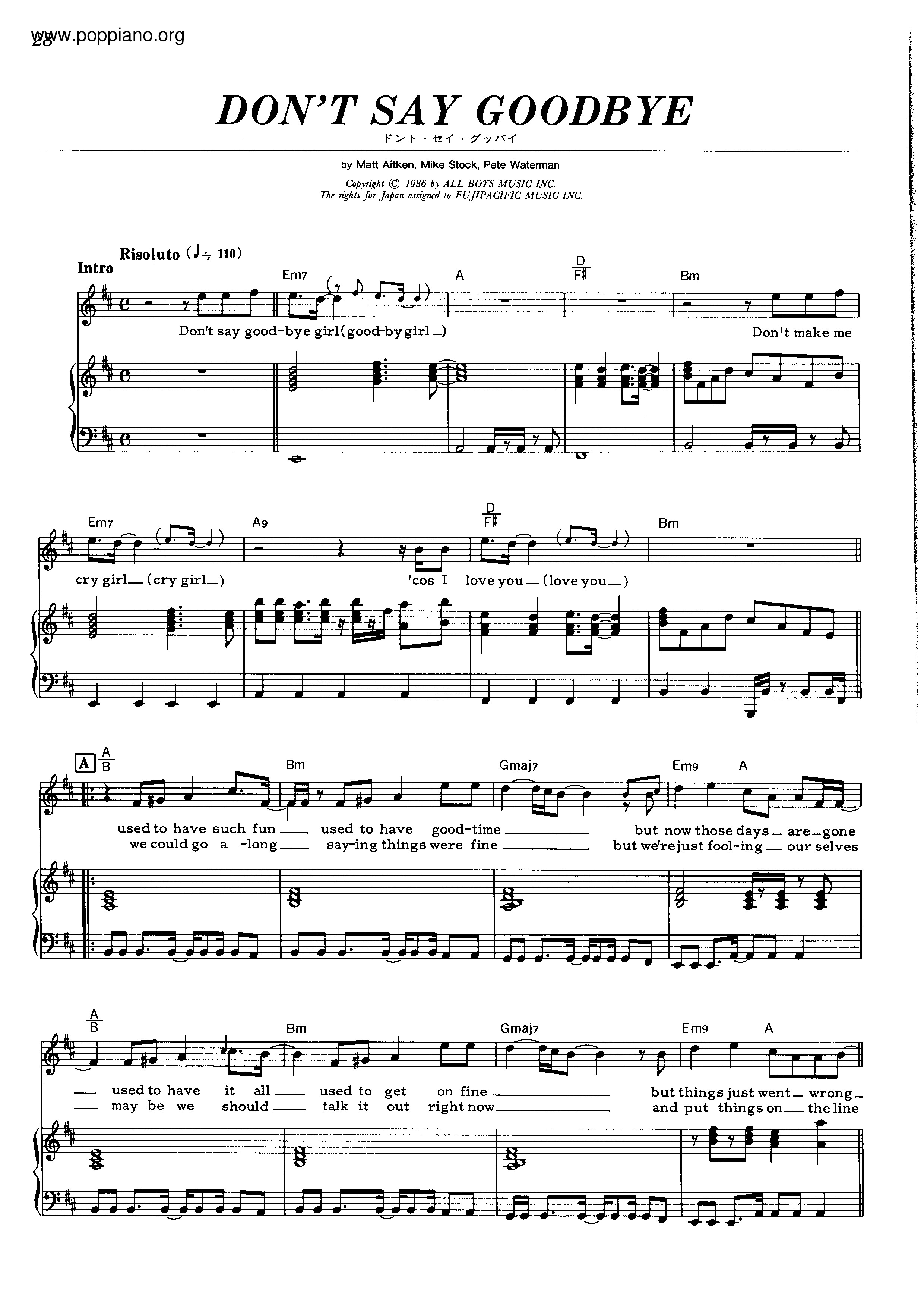 Rick Astley-Don't Say Goodbye Sheet Music pdf, - Free Score Download ★