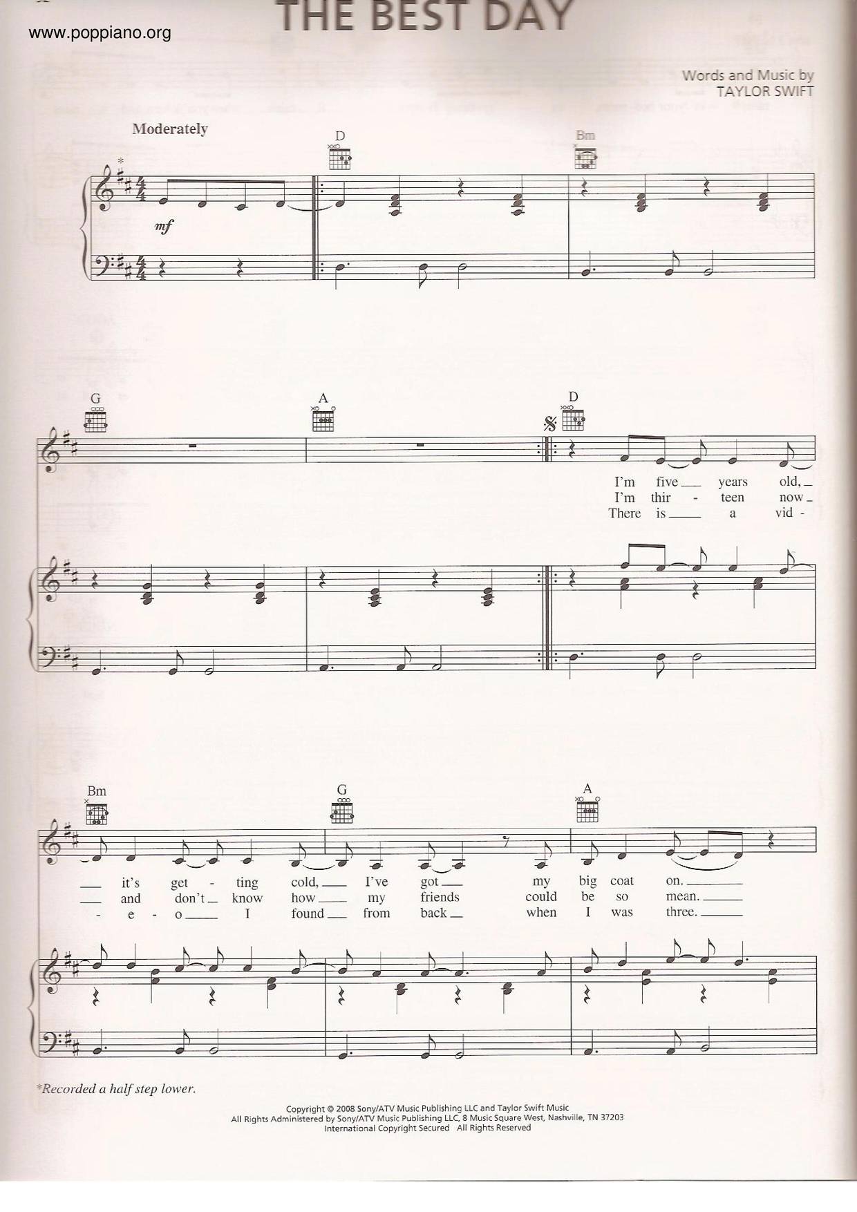 Taylor Swift-The Best Day Sheet Music pdf, - Free Score Download ★