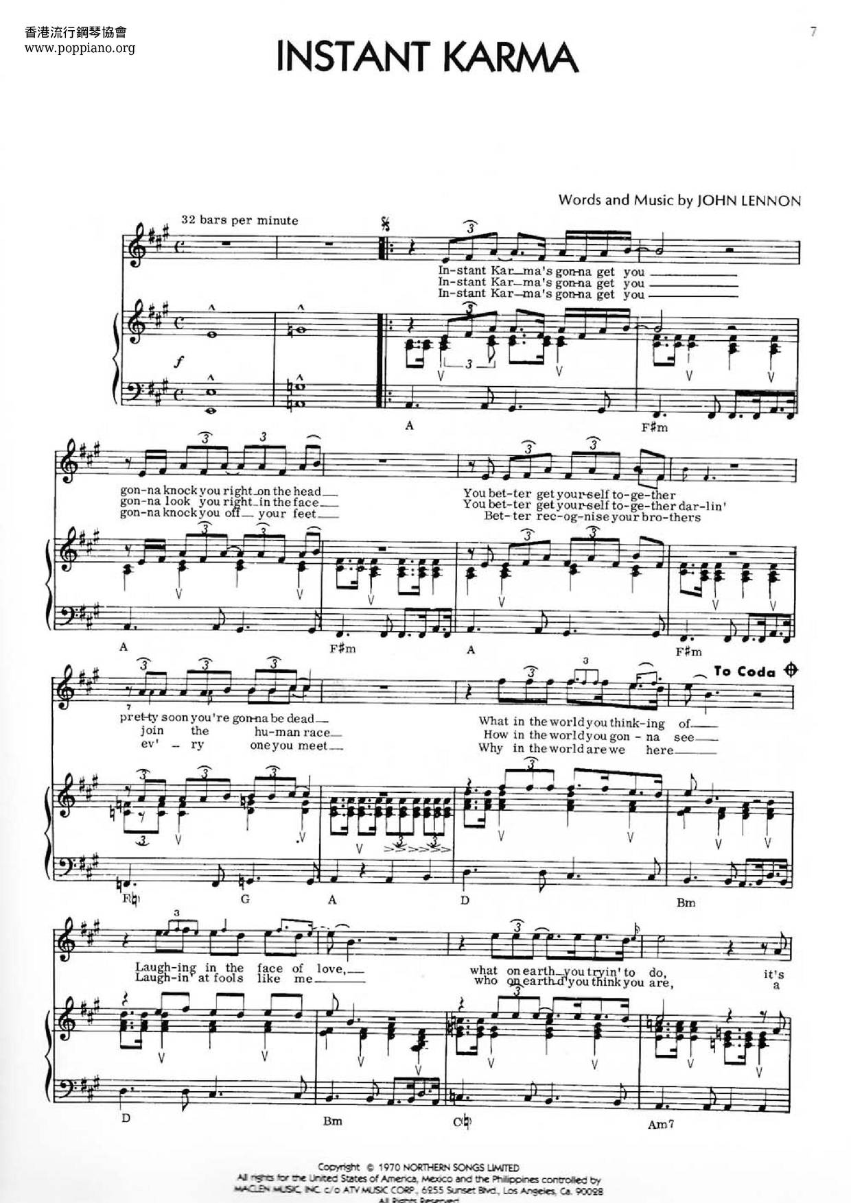 John Lennon-Instant Karma Sheet Music pdf, - Free Score Download ★