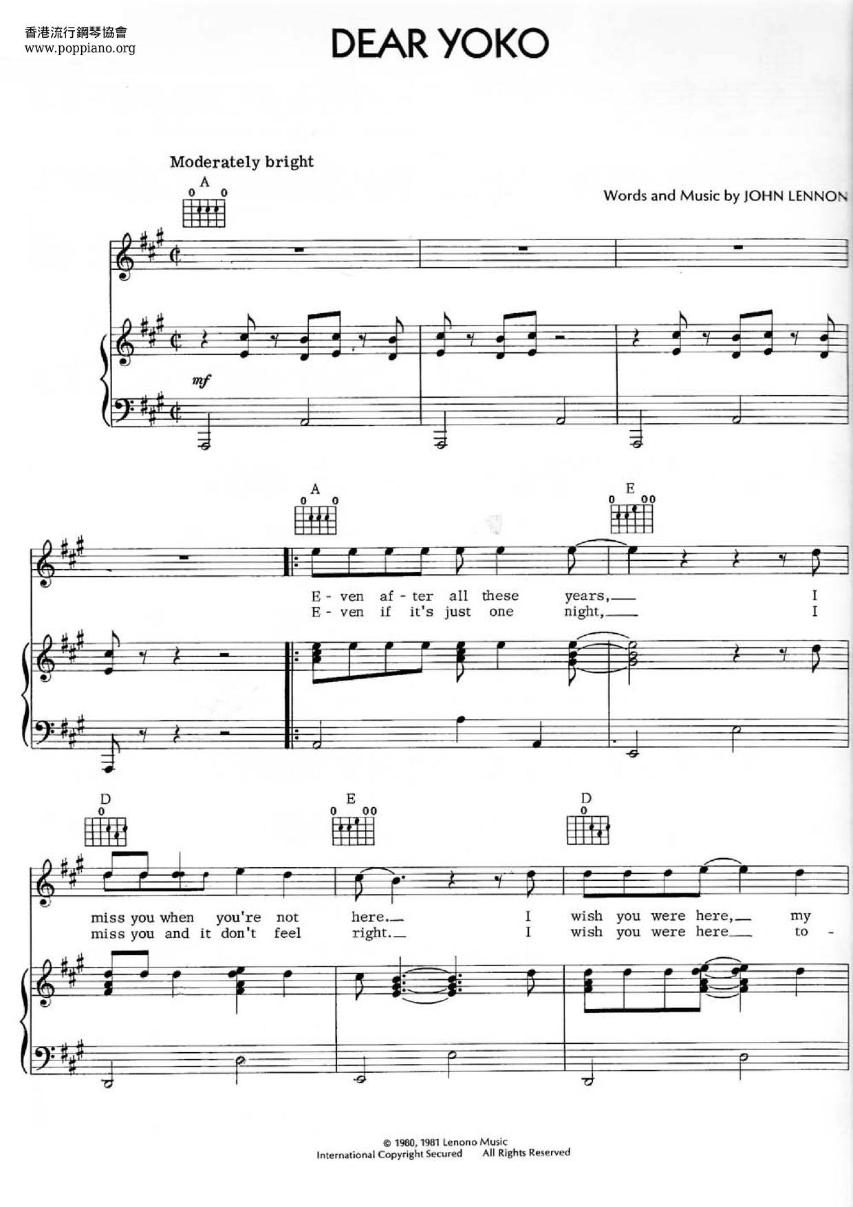 John Lennon-Dear Yoko Sheet Music pdf, - Free Score Download ★