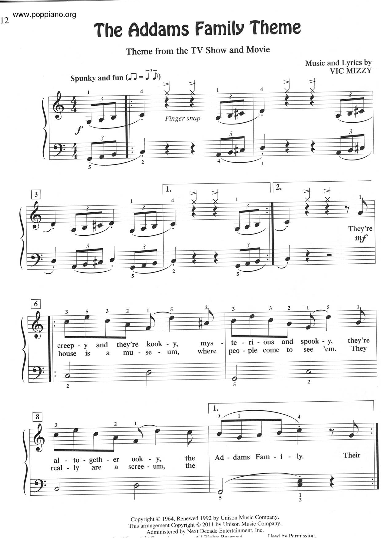 Vic Mizzy-The Adams Family Theme Sheet Music pdf, - Free Score Download ★