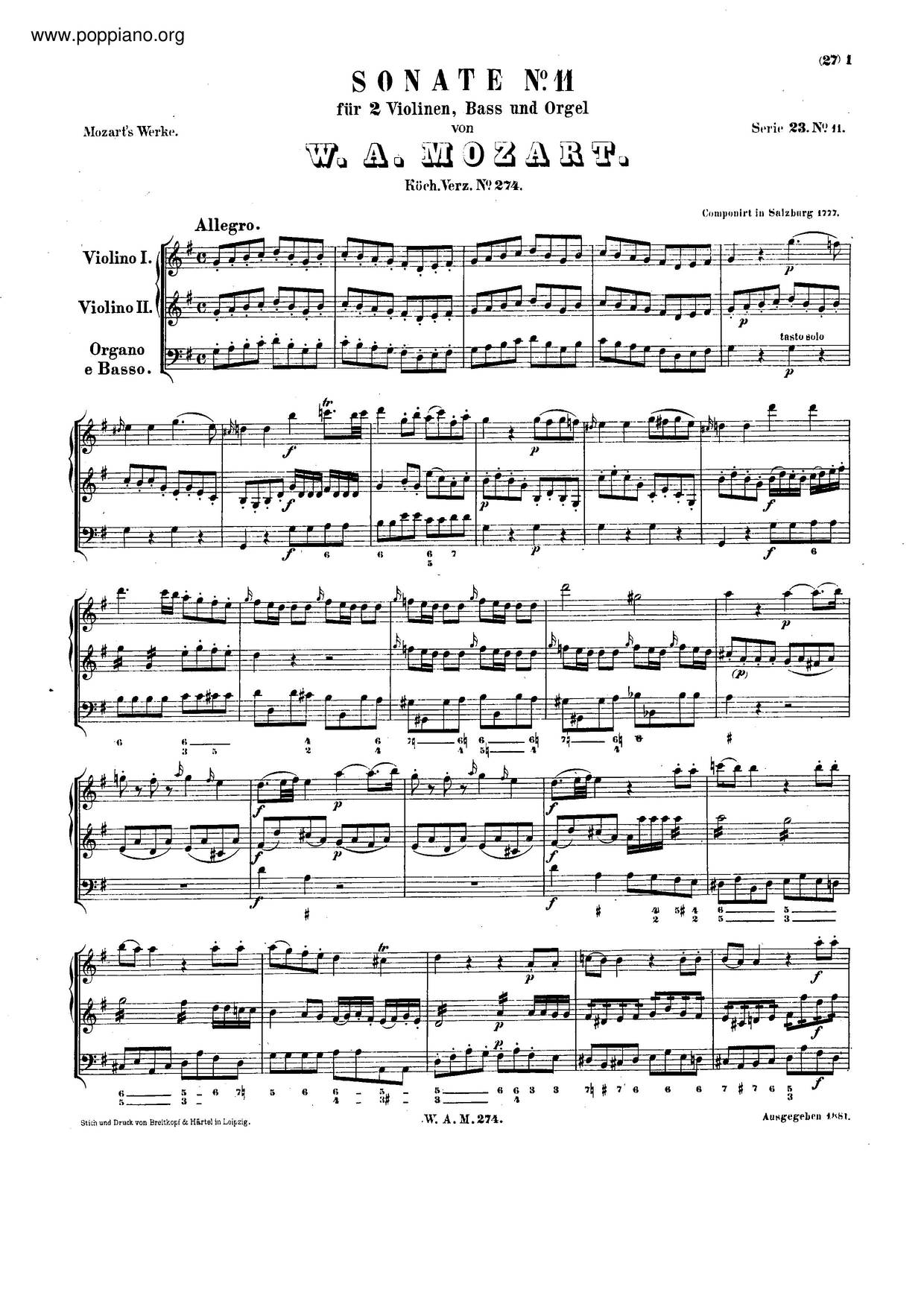 Mozart-Church Sonata In G Major, K. 274/271D Sheet Music pdf, - Free ...