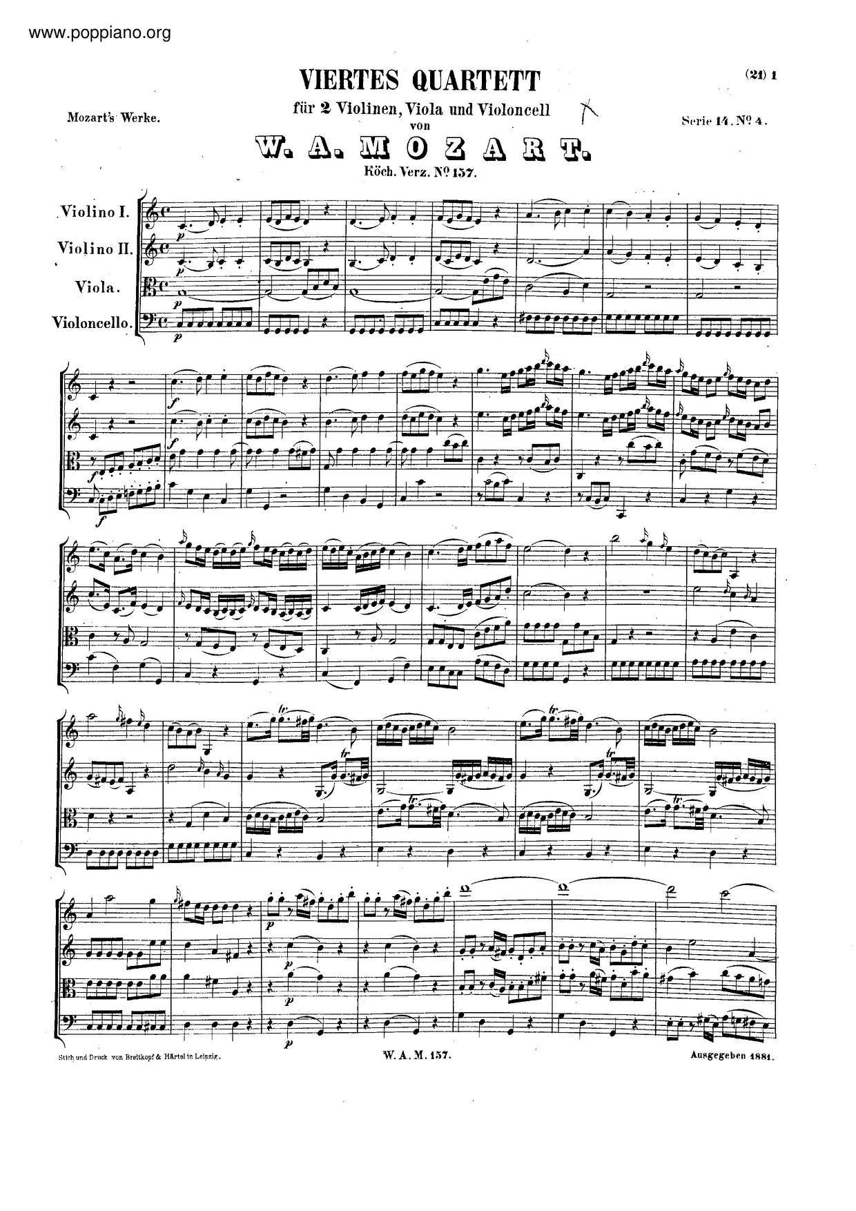 Mozart-String Quartet No. 4 In C Major, K. 157 Sheet Music pdf, - Free Score Download ★