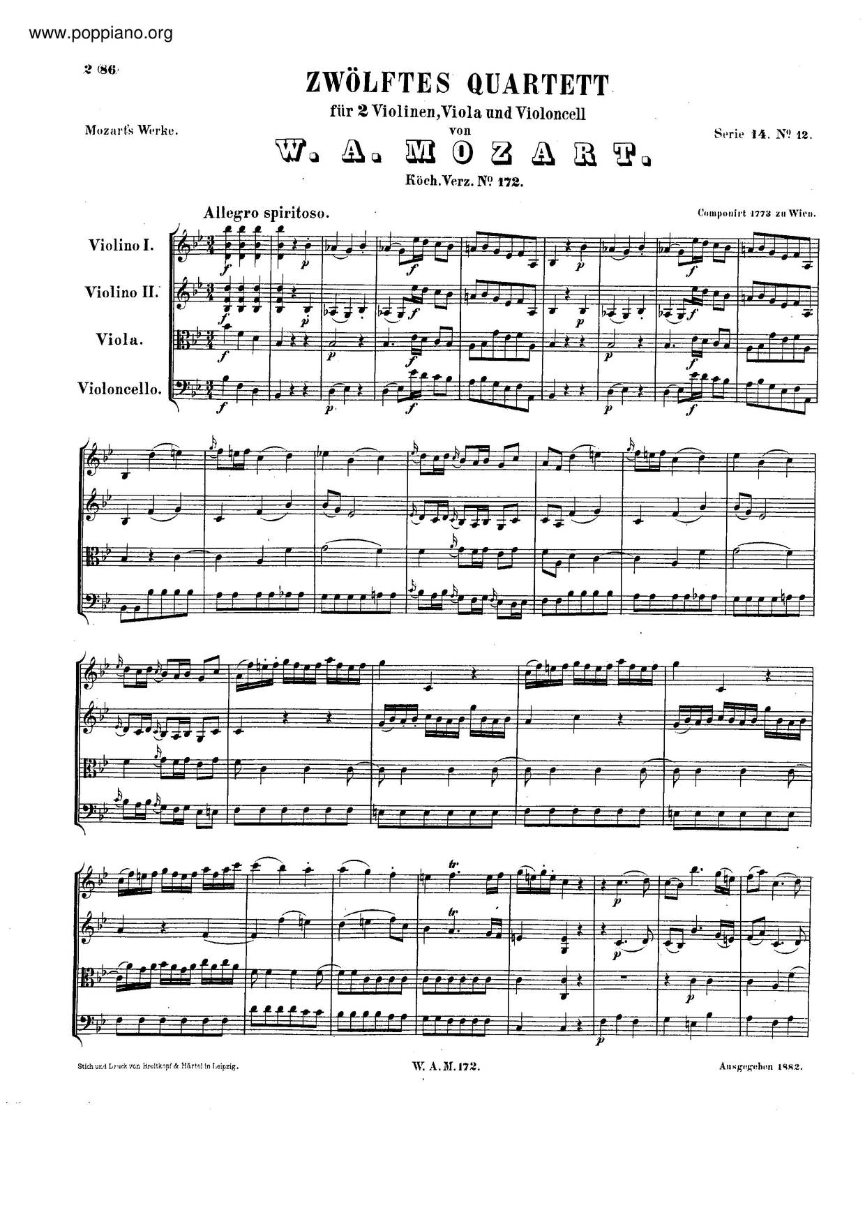 Mozart-String Quartet No. 12 In B-Flat Major, K. 172 Sheet Music pdf, - Free Score Download ★