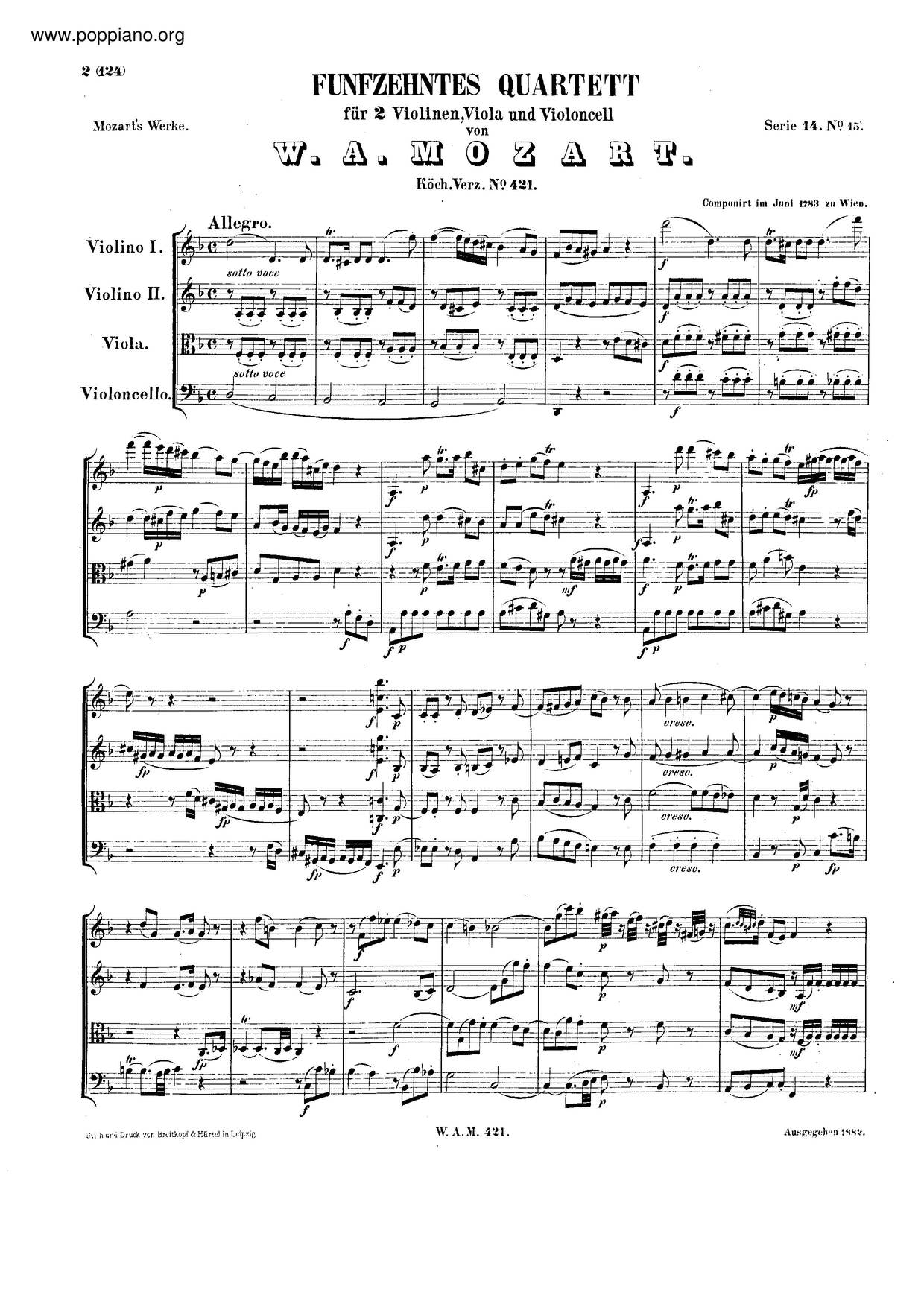 Mozart-String Quartet No. 15 In D Minor, K. 421 Sheet Music pdf, - Free Score Download ★