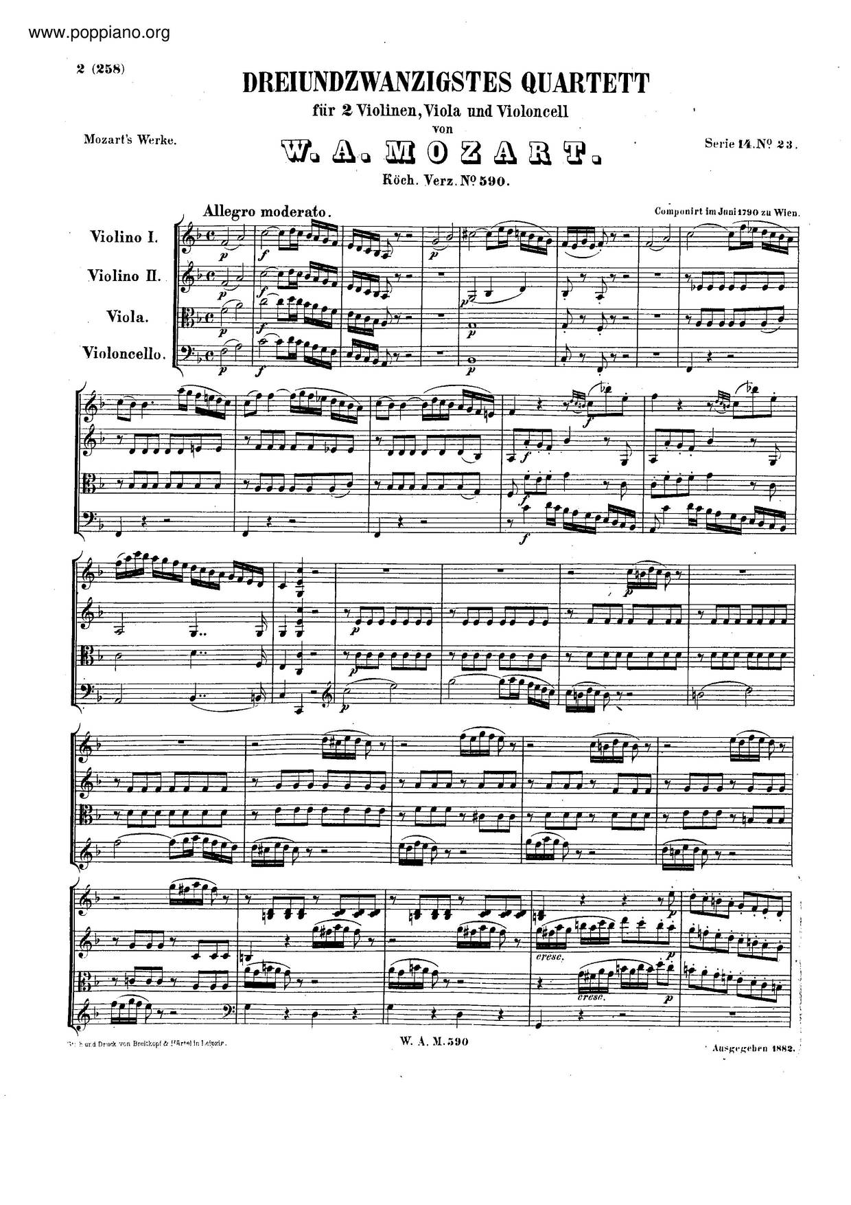 Mozart-String Quartet No. 23 In F Major, K. 590 Sheet Music pdf, - Free Score Download ★