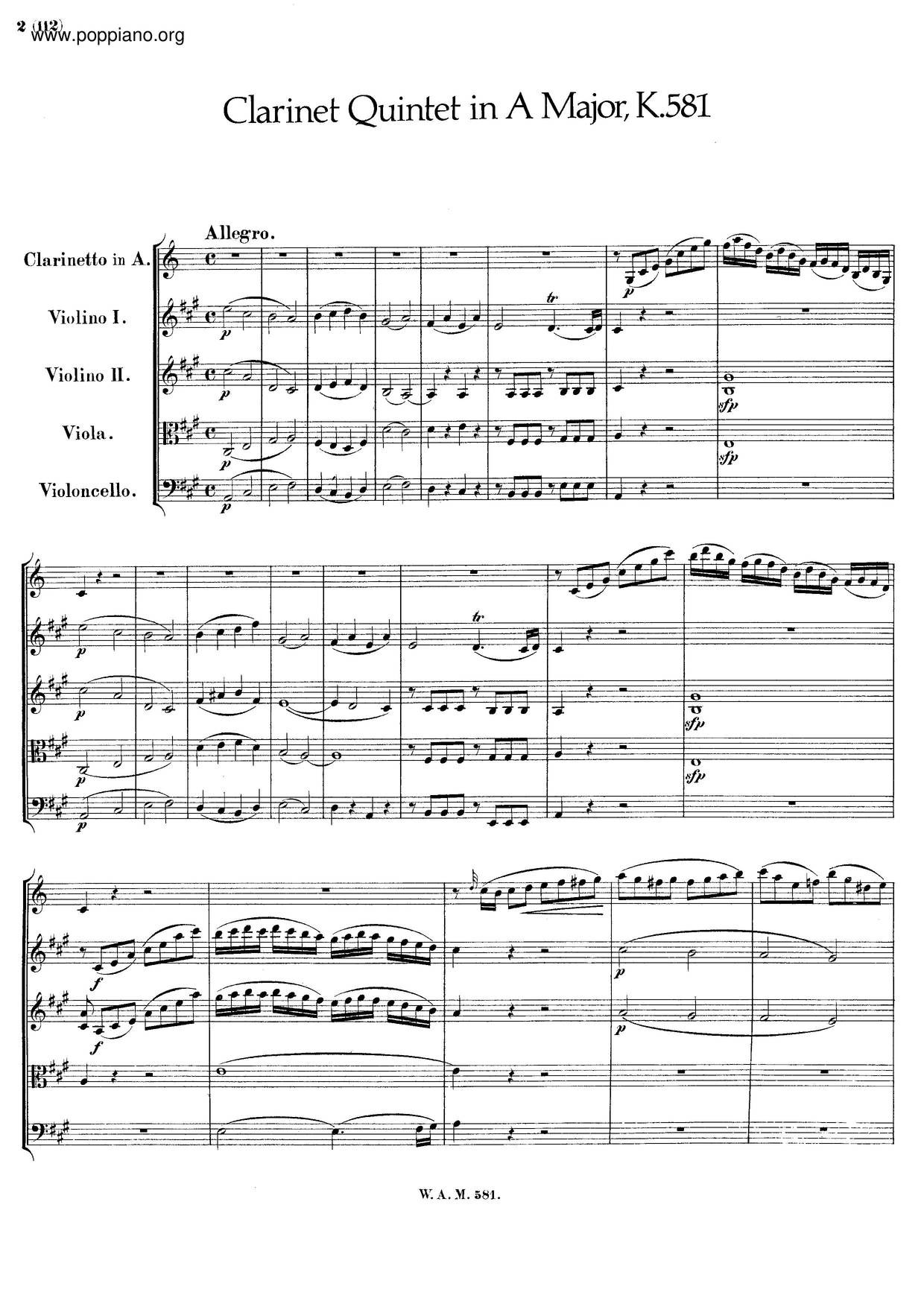 Mozart-Clarinet Quintet In A Major, K. 581 Sheet Music pdf, - Free ...
