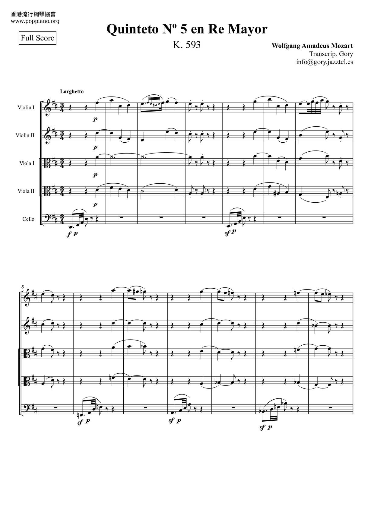 Mozart-String Quintet No. 5 In D Major, K. 593 Sheet Music pdf, - Free ...