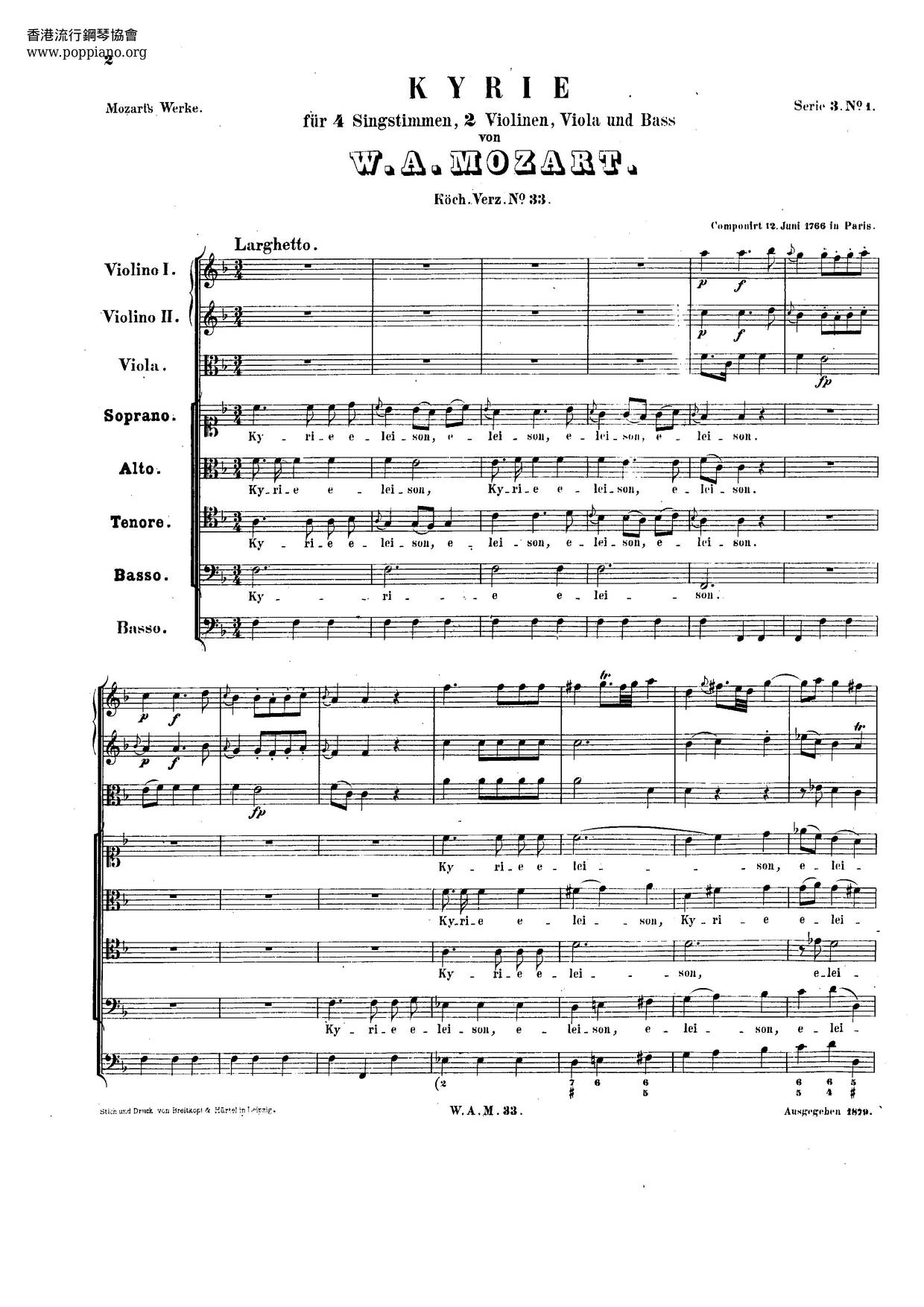Mozart-Kyrie In F Major, K. 33 Sheet Music pdf, - Free Score Download ★
